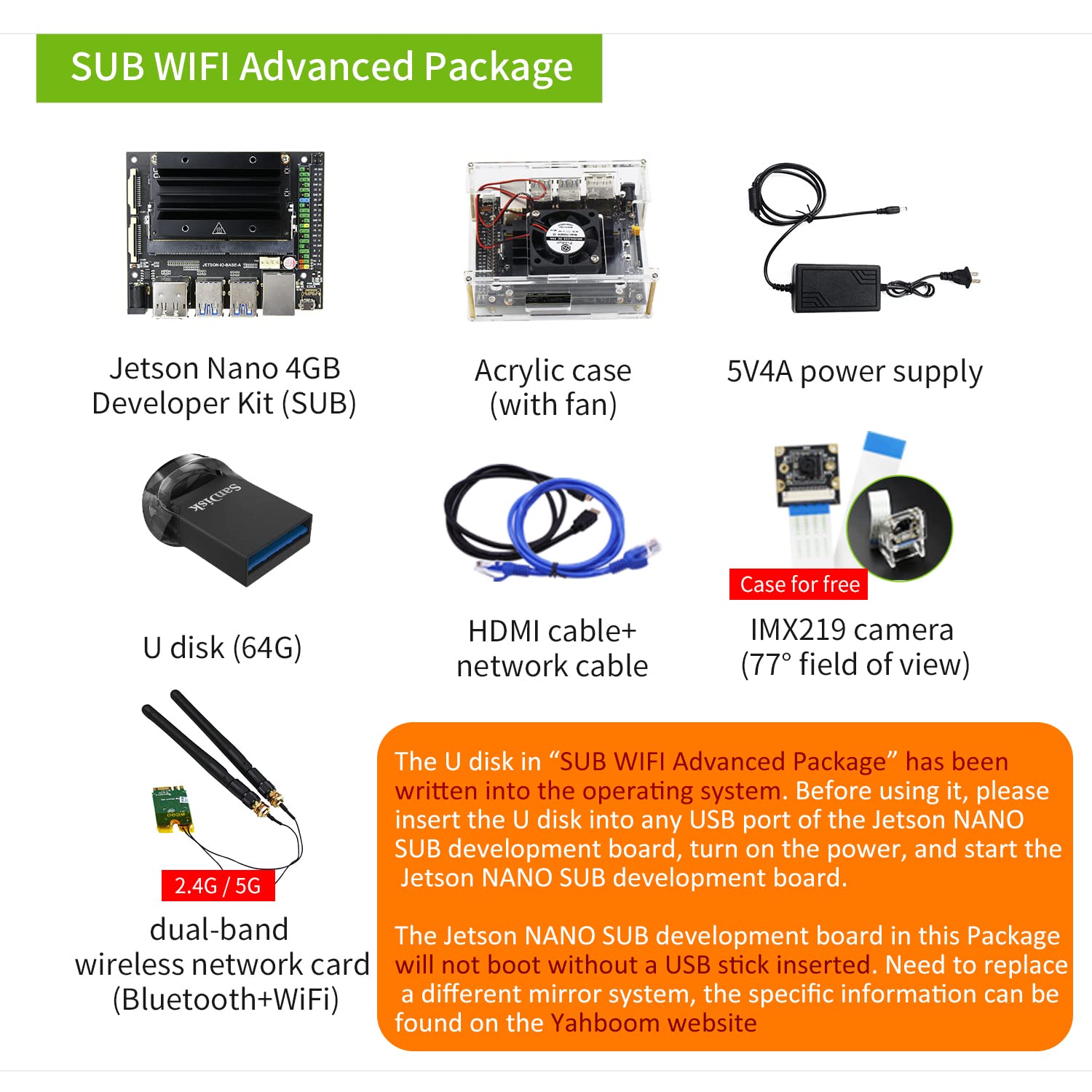 Yahboom Jetson Nano 4GB SUB Developer Kit with Wireless-AC8265 Dual Mode AC8265 Wireless NIC Module Jetson Nano Acrylic Case Camera Power Adapter (SUB WiFi Advanced Package)