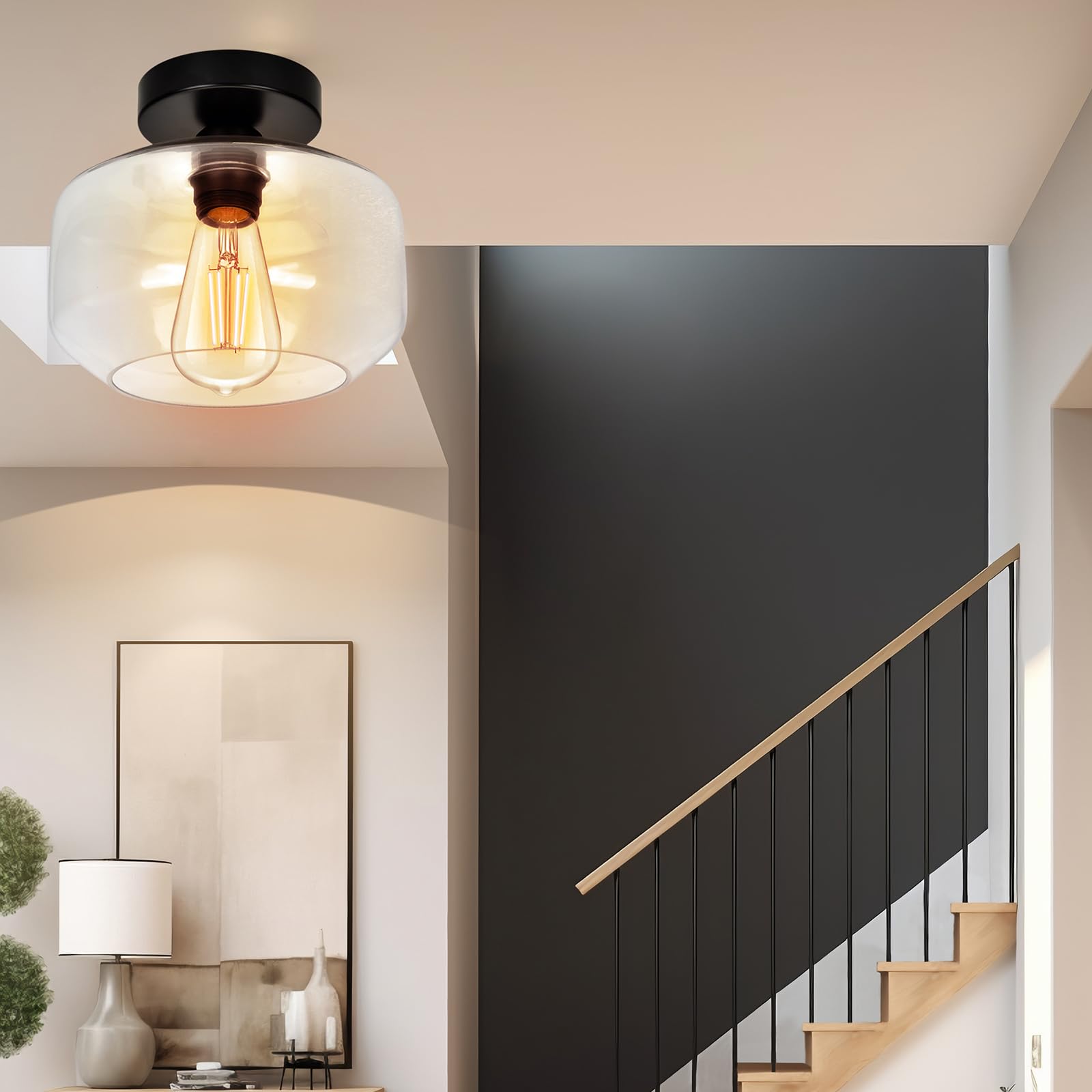 Modern Industrial Semi Flush Mount Light Fixture with Clear Glass Shade - Pendant Lights for Dining Room, Kitchen, Bedroom and Hallway