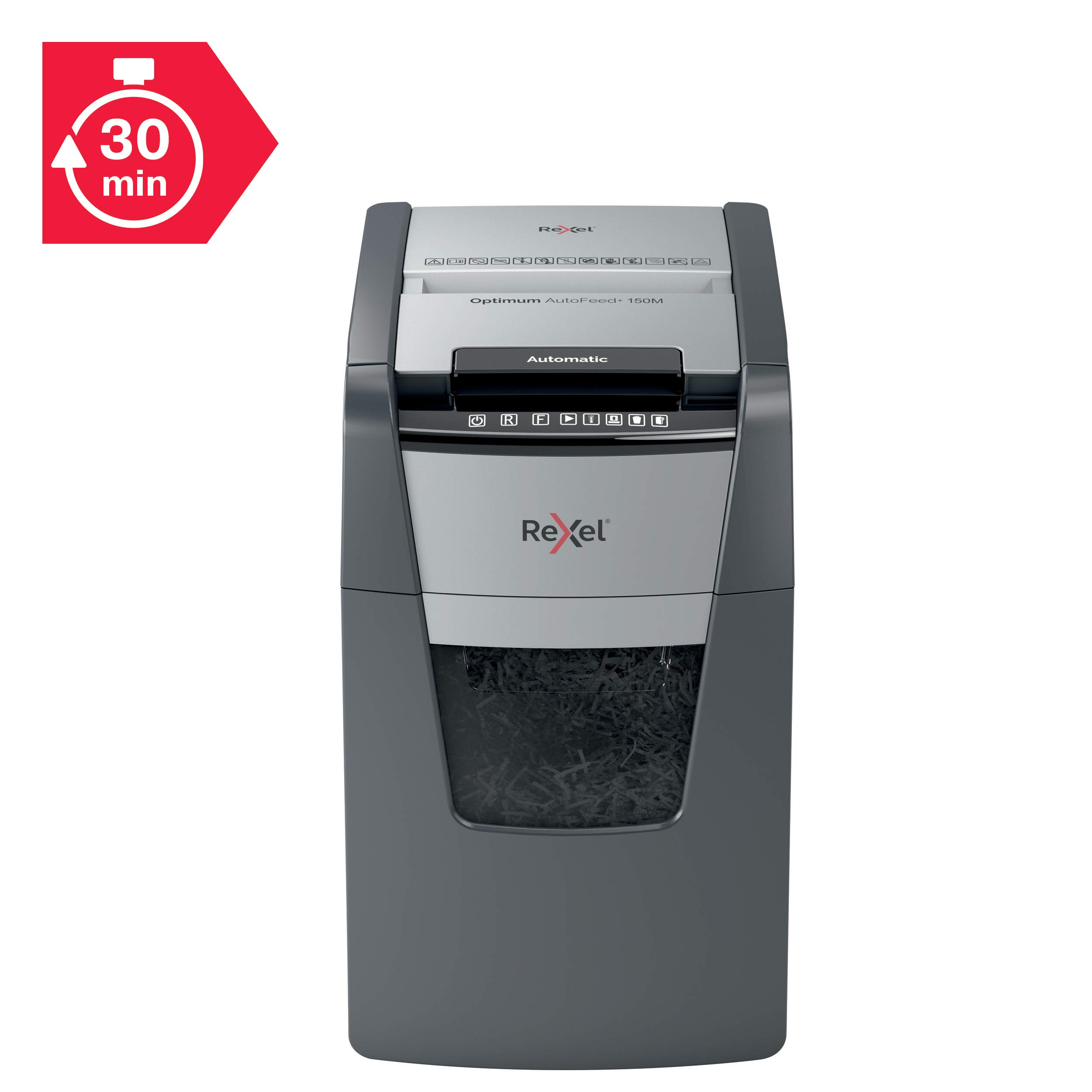 Rexel Optimum Auto Feed+ 150 Sheet Automatic Micro Cut Paper Shredder, P-5 Security, Small Office Use, 44 litre Removable Bin, 2020150M