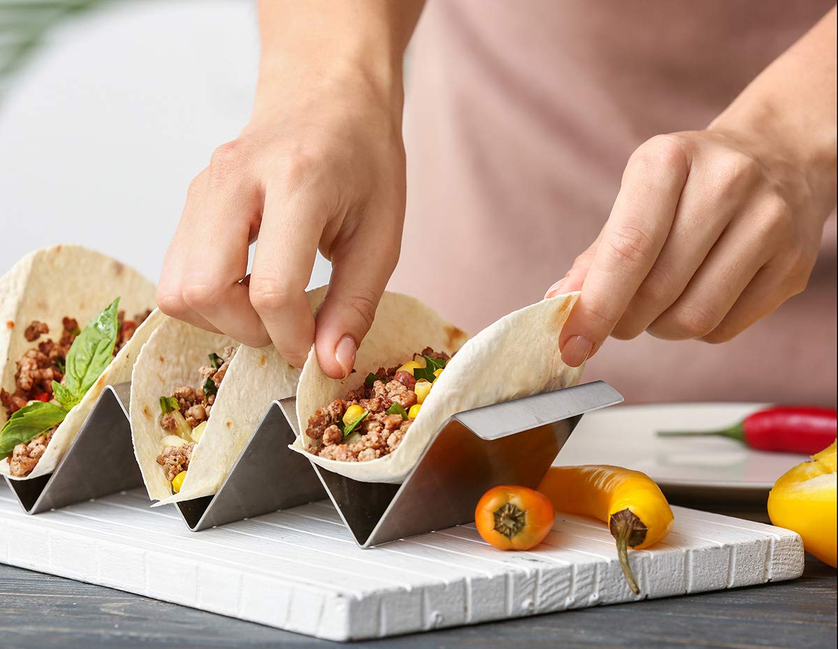 Taco Holders Stainless Steel Set of 2 for Taco Tuesday Taco Night - Sturdy, Easy to Clean & Restaurant Quality Taco Holder Stand - Taco Stands for 3 Tacos - Holds Large Small Hard Soft Shell - 2 Packs