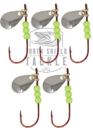 Tooth Shield Tackle Ice Fishing Deadstick Charmer Hook Tip-Up Rig / Tip Down Hook Rig Walleye Crappie Perch Jig [Red Chartreuse] 5 Pack (Hook Size: 4)