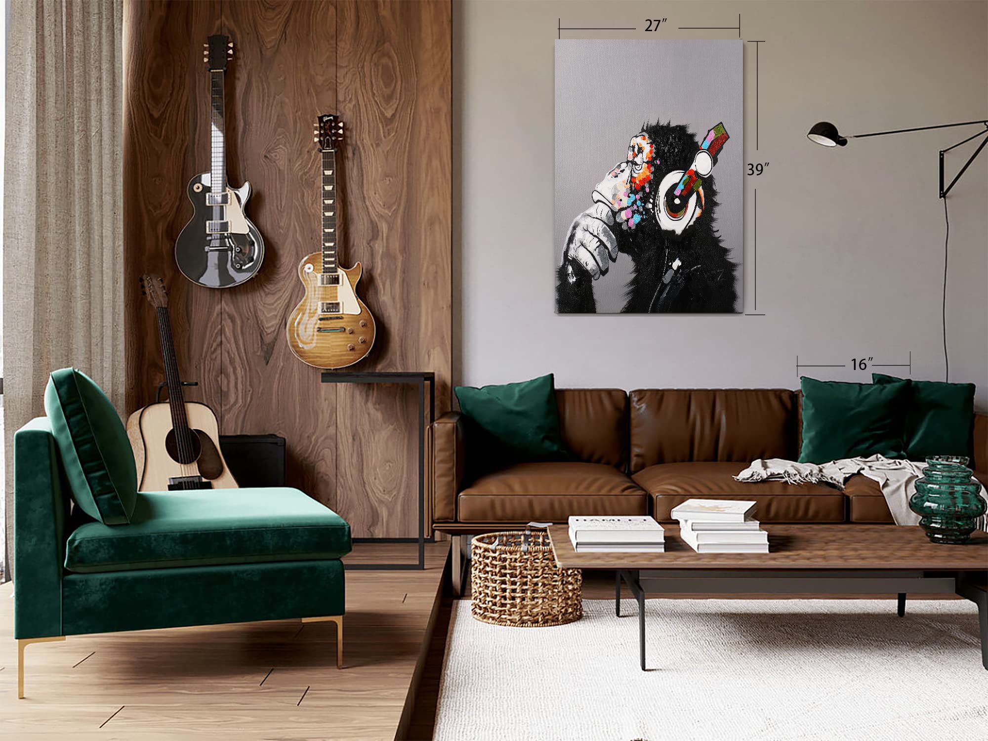 Modern Pop Art Decor - Framed - Thinking Monkey With Headphones Canvas Print Home Decor Wall Art, Gallery Wrap Inner Frame, 24x24