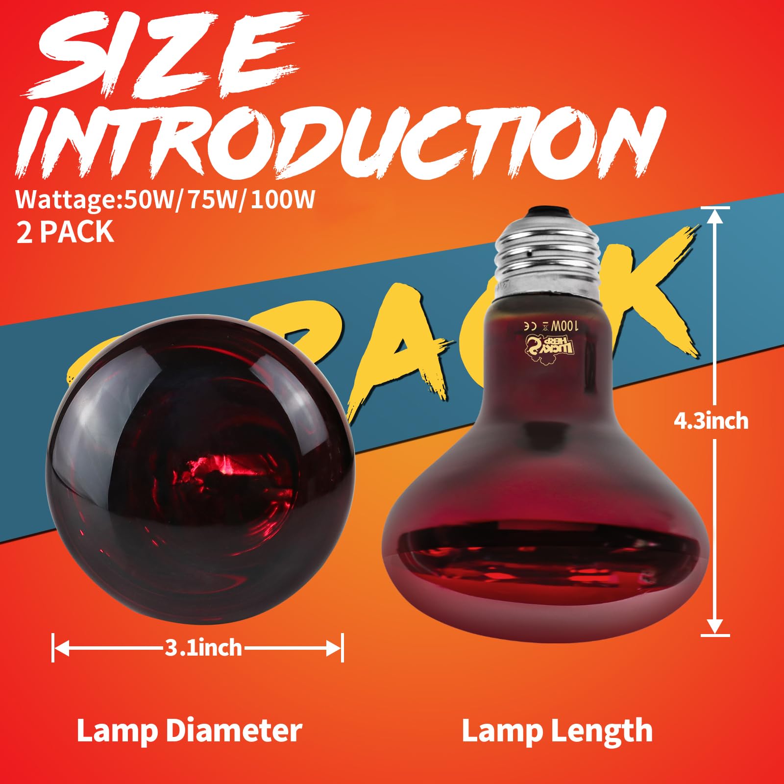 LUCKY HERP Infrared Heat Lamp 100W 2 Pack,Reptile & Amphibian Basking Spot Light Bulbs, Red Heat Lamp Bulbs for Reptiles, Bearded Dragon, Turtle, Lizard, Snake, Chicken