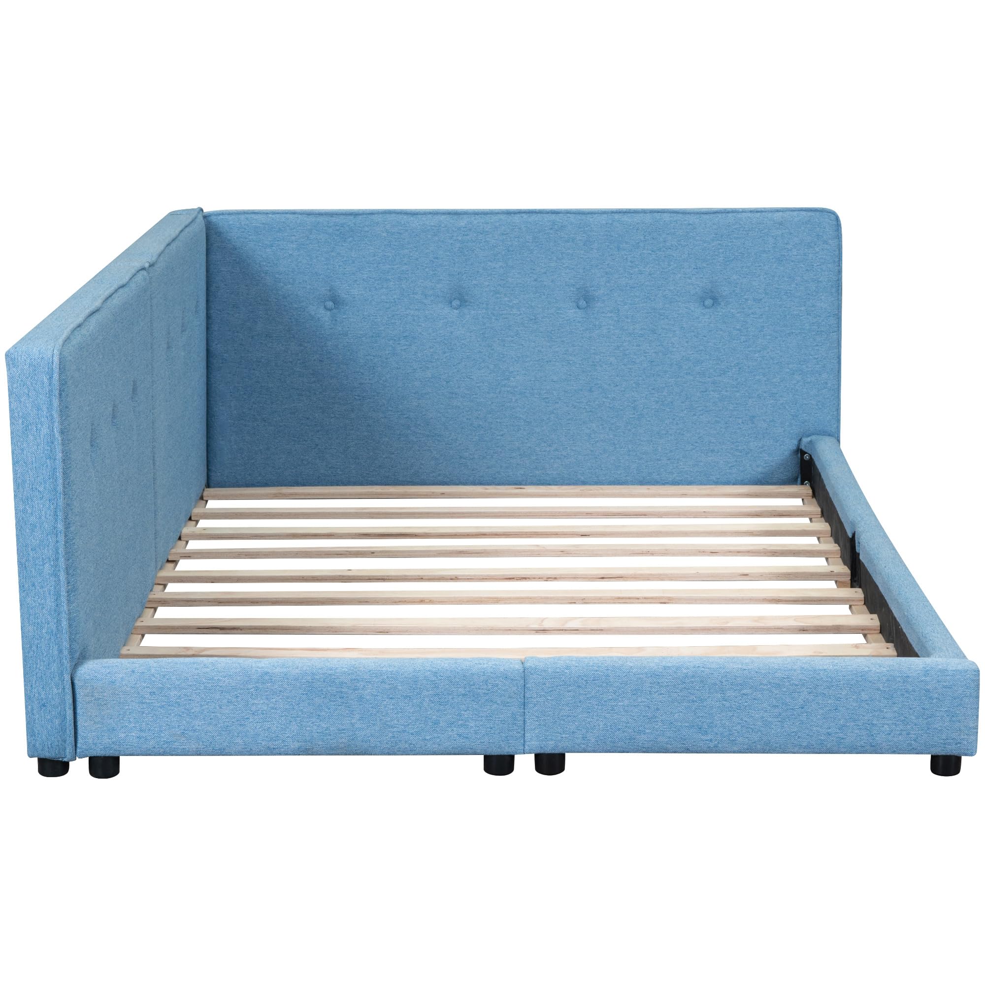 Modern Upholstered Queen Size Platform Bed with USB Ports, Linen Wooden Daybed/Sofa Bed/Low Floor Bed Frame with Backrests for Boys Girls Teens Adults, No Box Spring Needed
