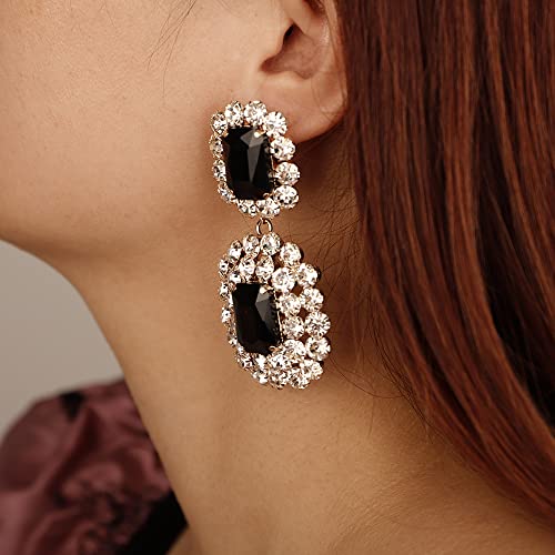 Rumtock Statement Black Gemstones Rhinestones Dangle Drop Silver Earrings for Women Girls Geometric Long Earrings Jewelry