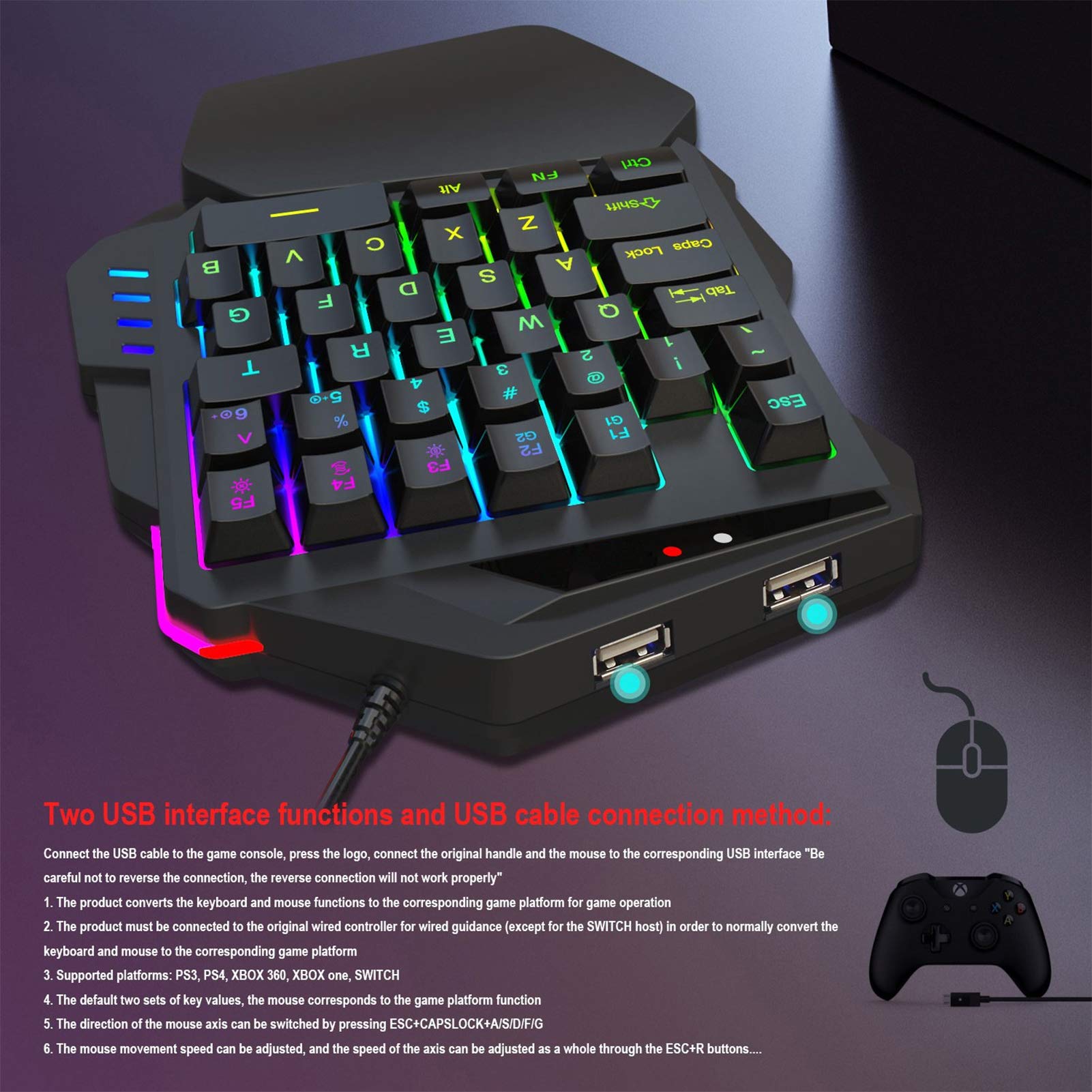One Handed Mechanical Gaming Keyboard, OneHanded Small Gaming Ergonomic Keyboard BuiltIn Converter RGB Keyboard for Game