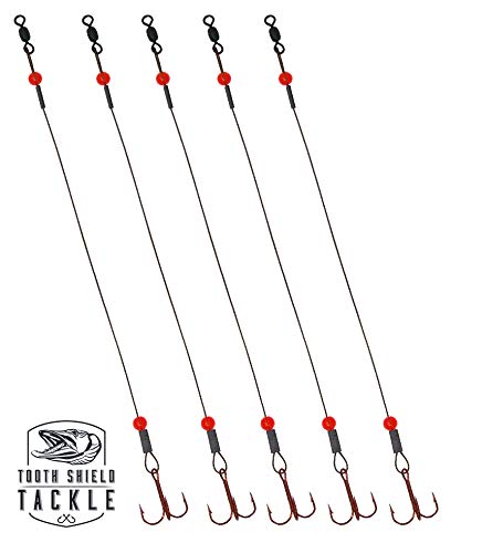 Tooth Shield Tackle Ice Fishing Tip Up Leader/Rig (90 lb) / Ice Fishing Sucker Walleye Pike Musky Predator Rig (5 Pack) [Camo Wire/Red Bead] (Hook Size: 2)