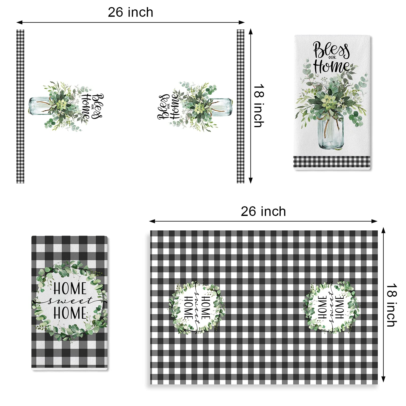 Seliem Summer Eucalyptus Greenery Kitchen Dish Towel Set of 2, Buffalo Plaid Check Absorbent Hand Drying Baking Cooking Cloth, Spring Seasonal Farmhouse Decor Bless Our Sweet Home Decorations 18 x 26
