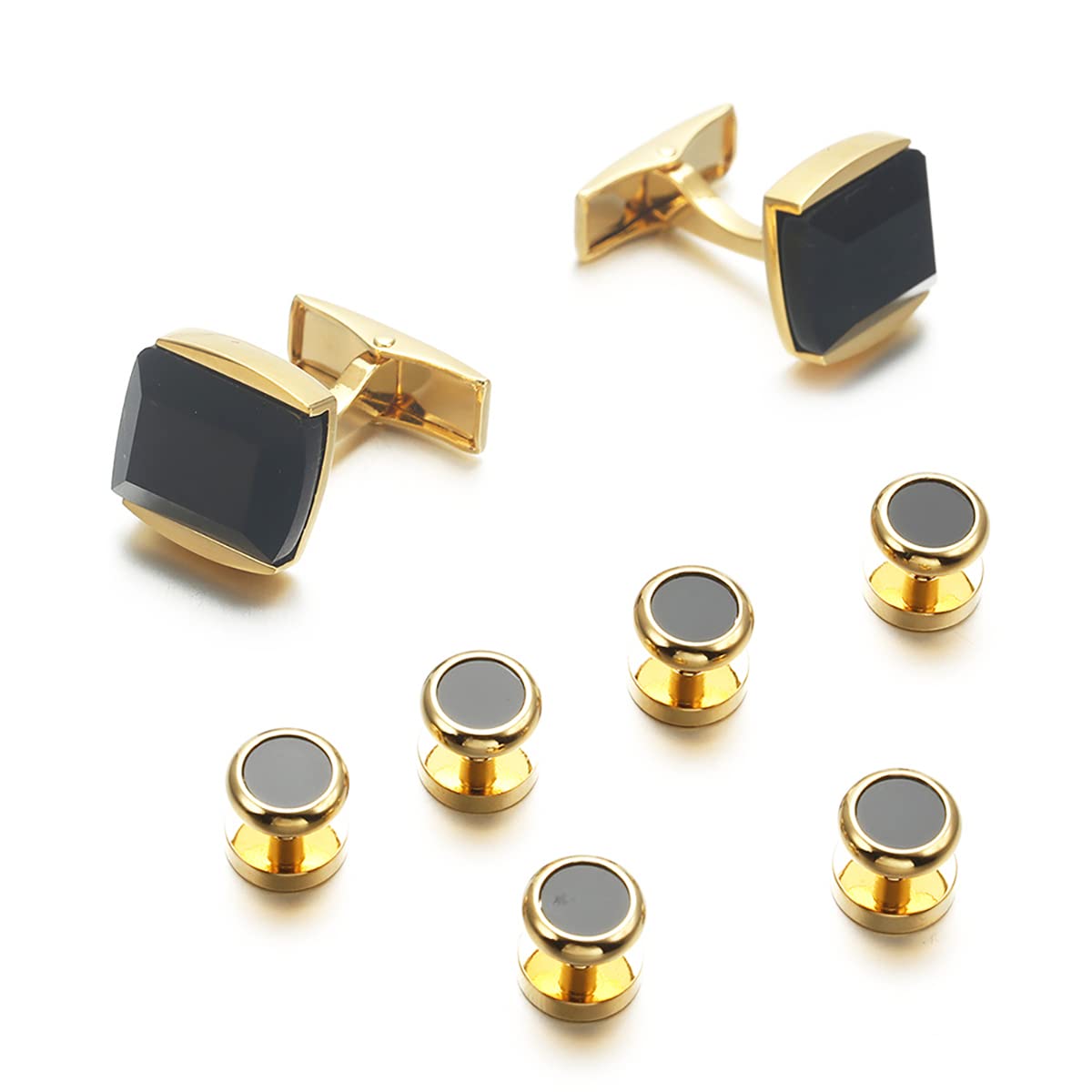 Simple Black Agate Tuxedo Cufflinks & Studs Set Basic Silver Formal Set YW42G (Soft Square Set Gold)