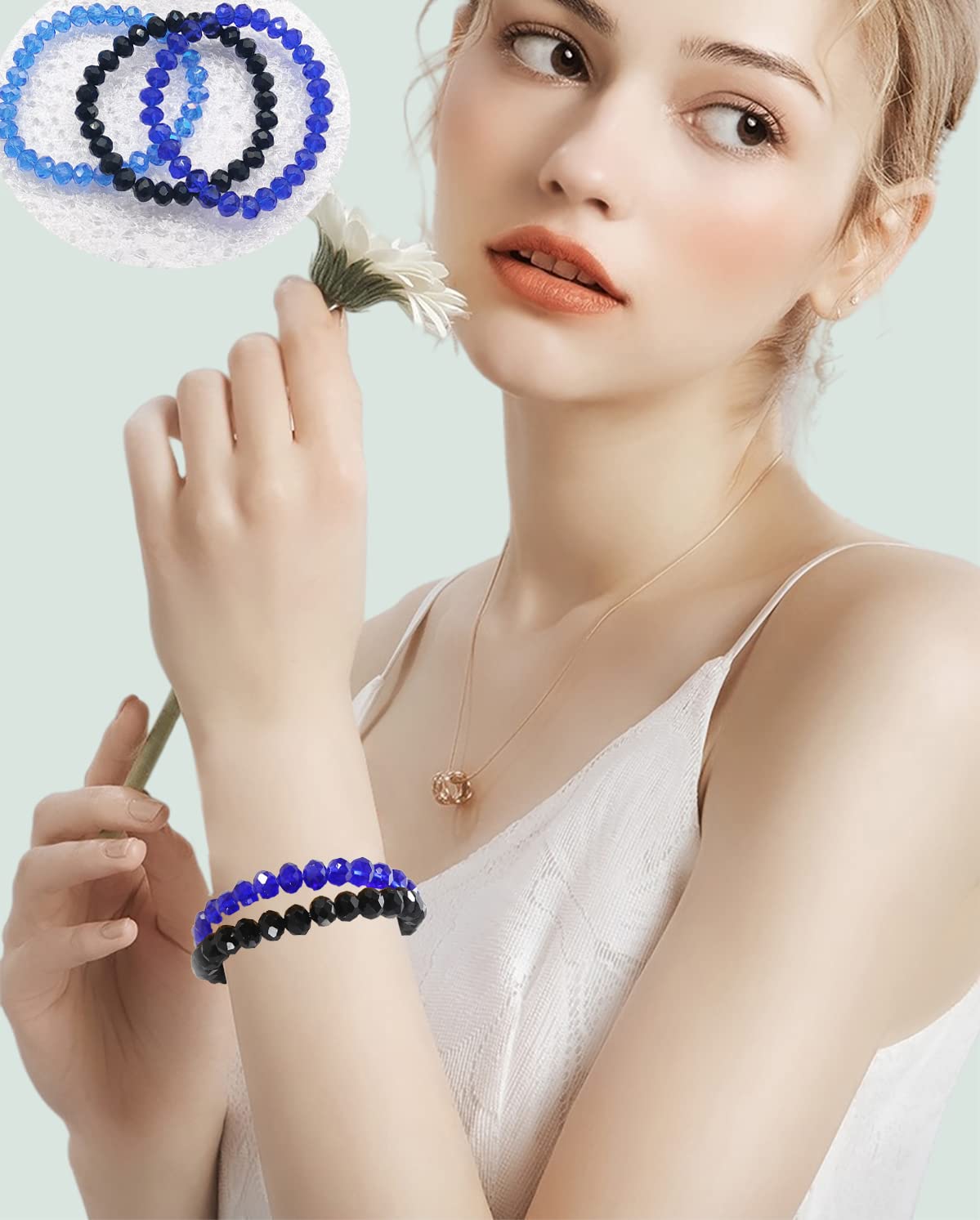 Svovin 18 Pcs Glass Beaded Bracelet Set for Women Men Elastic Stretch Versatile Statement Colorful Spark Clear Crystal Handmade Bracelets