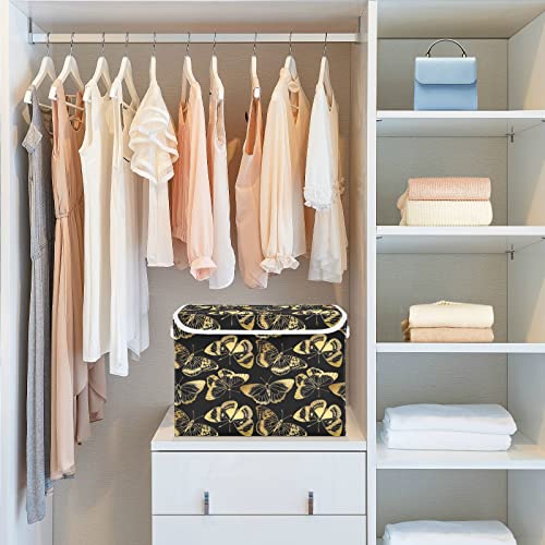 SDMKA Beautiful Gold Butterflies Storage Bins with Lids Foldable Storage Cube Boxes Fabric Storage Organizer Basket for Home, Bedroom, Office, Closet (16.5x12.6x11.8)