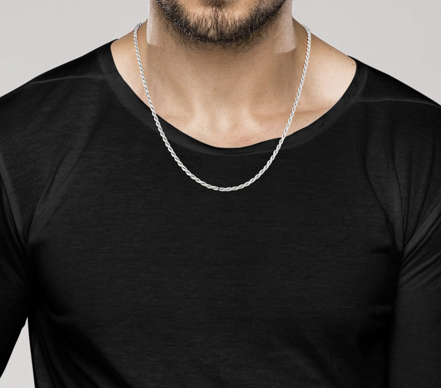 Miabella Solid 925 Sterling Silver Italian 2mm, 3mm Diamond-Cut Braided Rope Chain Necklace for Men Women, 925 Sterling Silver Made in Italy (3mm, Length 22 Inches (men's average length))