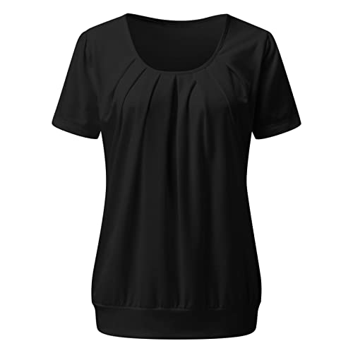 Short Sleeve Tunic Shirts for Women Casual Pleated Scoop Neck Summer Tops to Hide Belly Solid Color Blouses Black