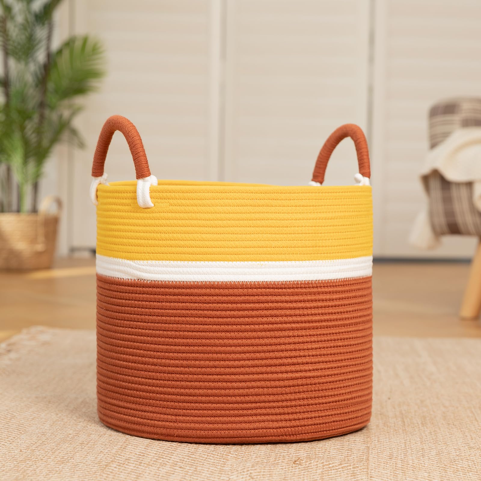 OIAHOMY 13.8x13.8x17.7 Inches Nursery Hamper, Decorative Blanket Basket for Living Room, Tall Laundry Basket With Handles, Large Nursery Clothes Hamper, Woven Laundry basket Organizer (Yellow)