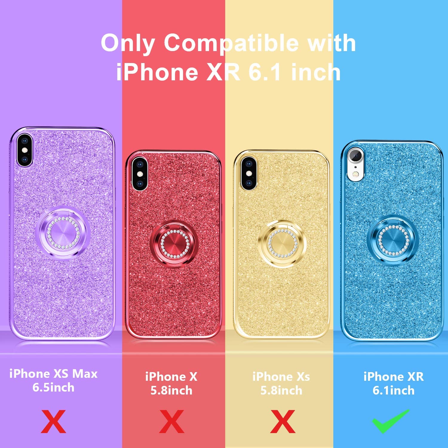 Thomo Compatible with iPhone XR Glitter Case 6.1 Inch, Slim Shockproof Cute Diamond Phone Case with Ring Holder Bling iPhone XR Case for Women Girls-Purple