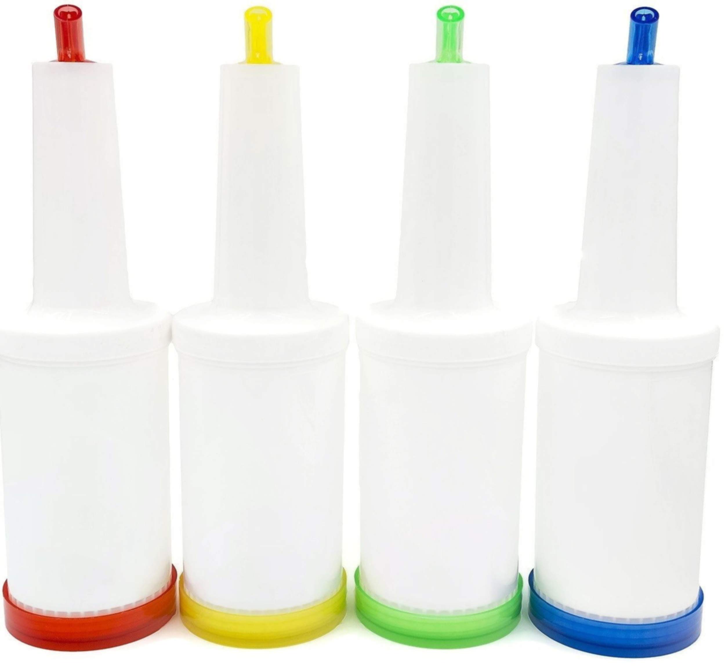 Trendy Bartender Color Coded Flow N Stow Juice Bottles (32oz / 1 Quart, Set of 4) – Commercial Grade Bar Pourers with Spout and Lid for Effortless Mixing, Pouring, and Storage