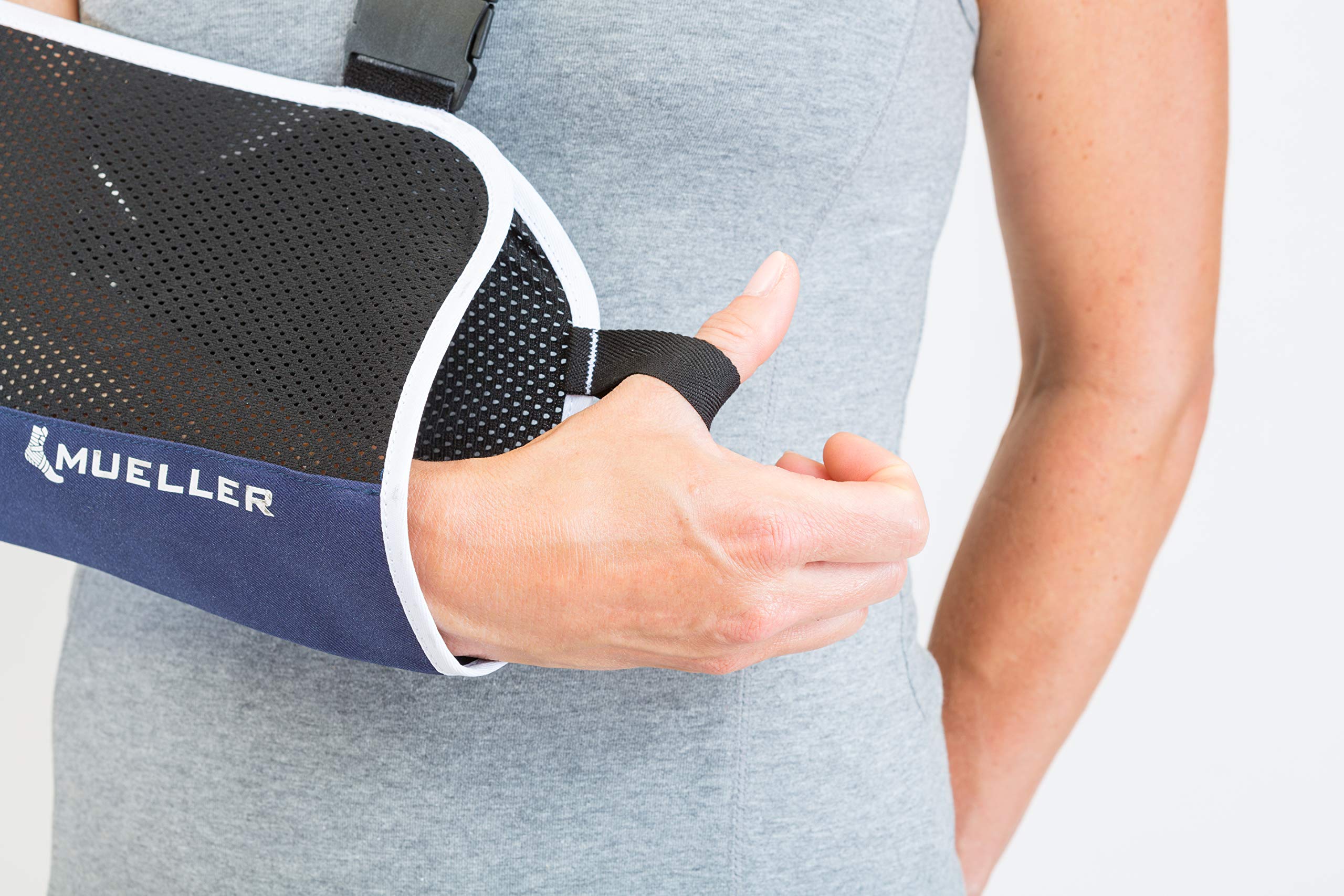 MUELLER Sports Medicine Adjustable Arm Sling - Comfortable Support for Left or Right Shoulder and Arm Injury, For Men and Women, Blue w/ Black Mesh, One Size Fits Most