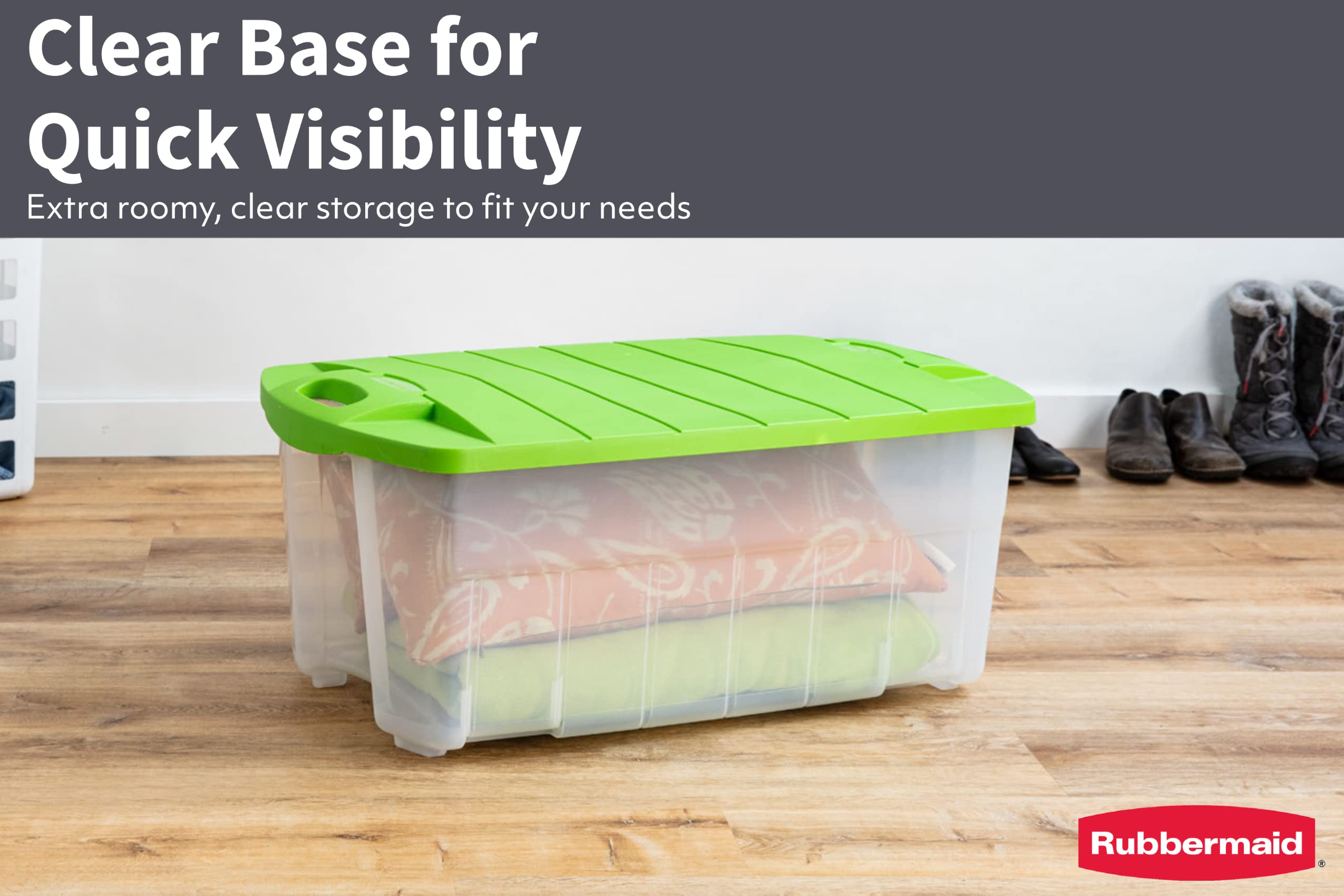 Rubbermaid 28 Gallon/112 Quart Jumbo Clear Tote, Pack of 2, Stackable, Large Capacity, Clear Bins/Bright Green Lids, Home, Garage, and Office Storage Organizer, Durable Snap-Tight Lids