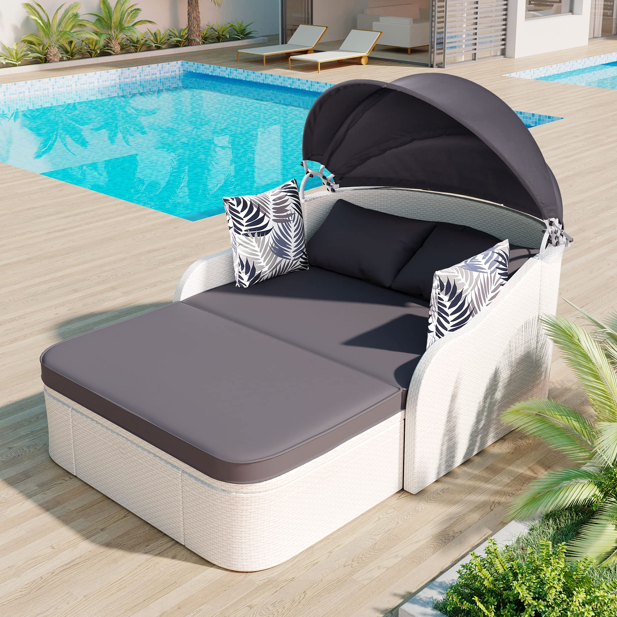 Merax Patio Furniture Sets, Outdoor Sunbed with Adjustable Canopy, Double Lounge, PE Rattan Daybed, White+Gray