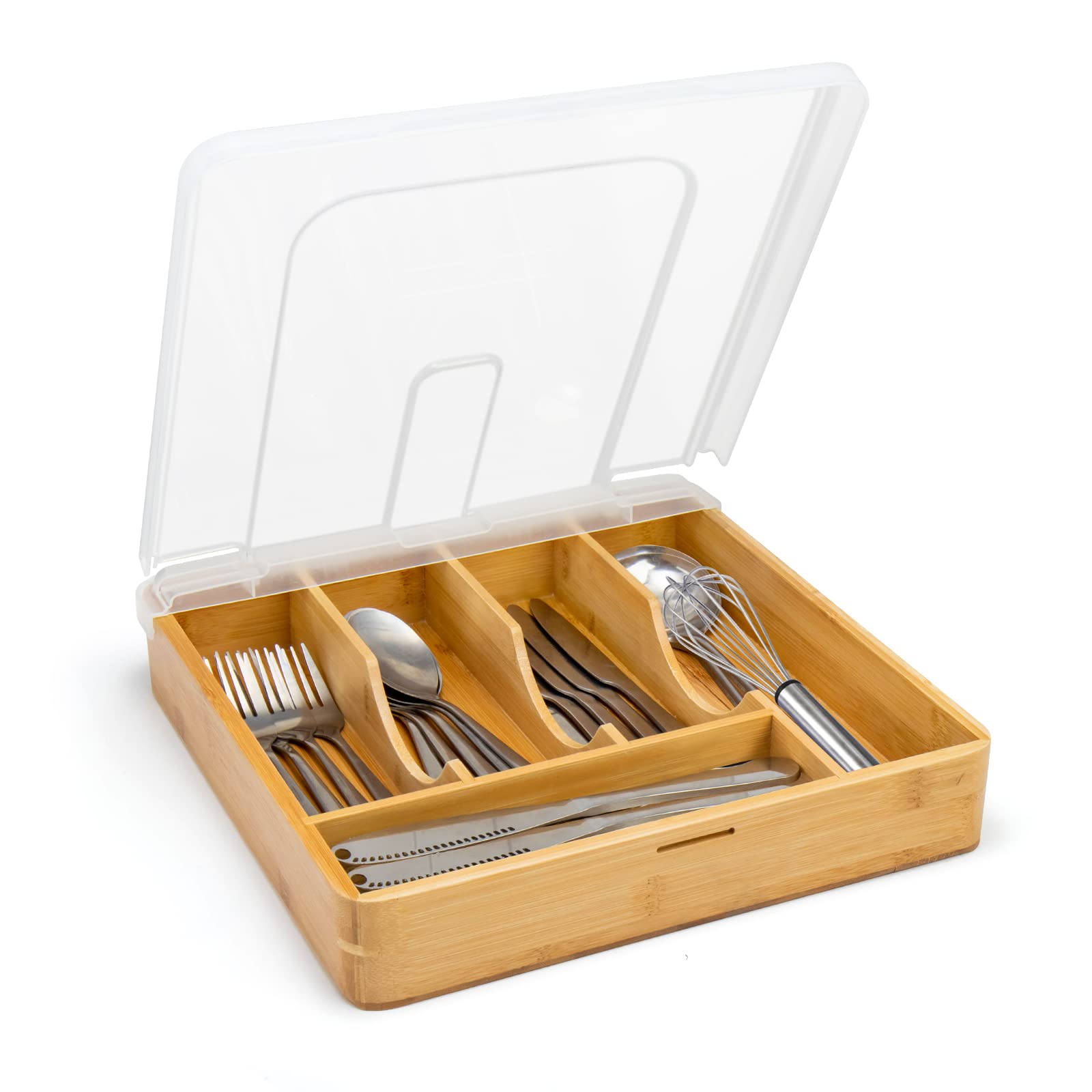 QINOL Silverware Tray with Lid, Utensil Drawer Organizer for Kitchen Countertop, Wooden Flatware Organizers and Storage Holder, Bamboo