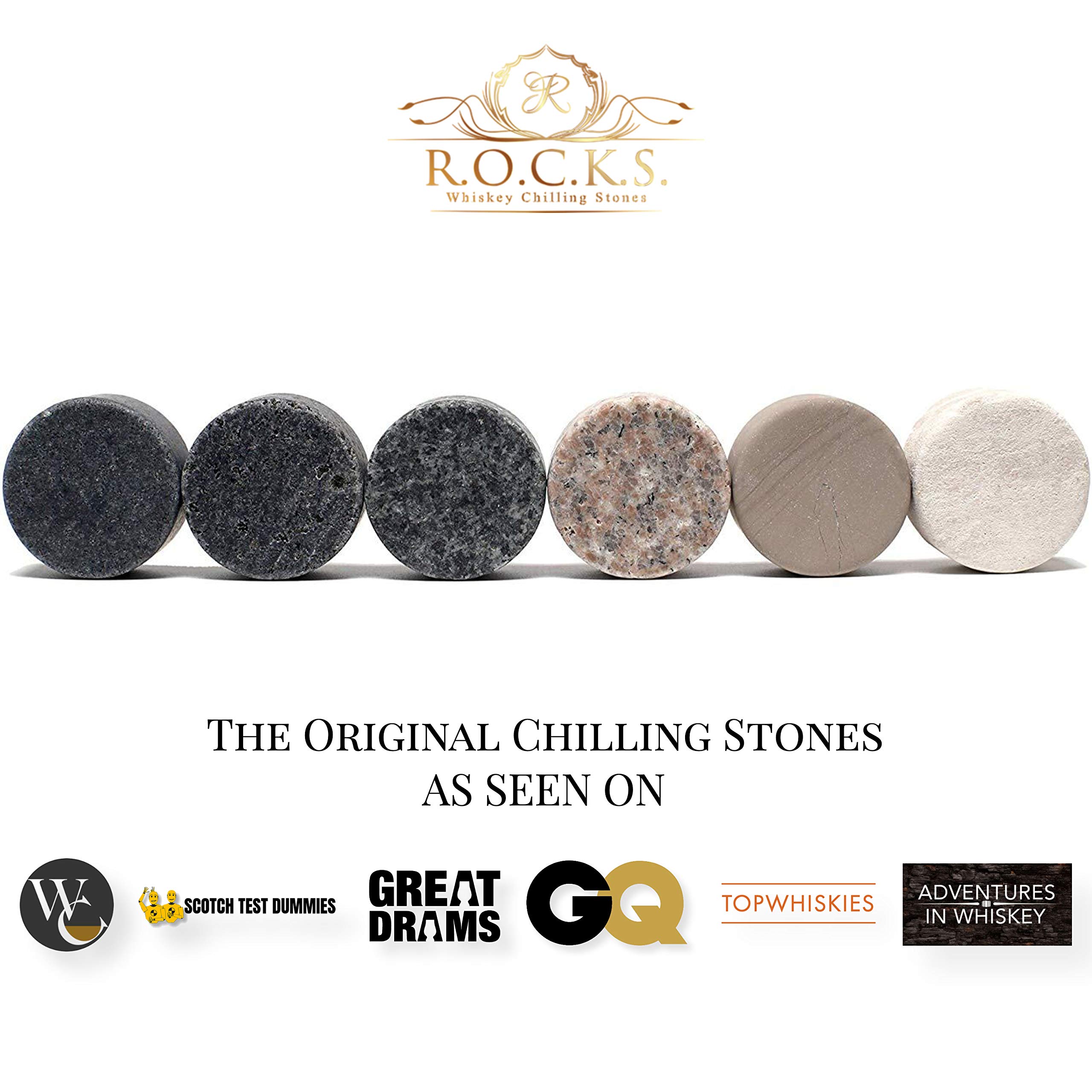 Whiskey Chilling Stones & Beard Care Grooming Kit Gift Set - 6 Handcrafted Granite Round Rocks -
Sandalwood Scent Oil & Balm - Whiskey Gift for Men in Elegant Gold Foil Box
