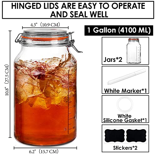 Super Wide-Mouth Glass Jars with Hinged Lids, 1-Gallon (4100 ML) Leak Proof Glass Canning Jars with Airtight Lids and 2 Measurement Marks. Large Capacity, Sturdy For Canning, Overnight Oats, 2-Pack