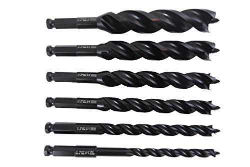 WoodOwl 6 Piece Set with 3/8", 1/2β, 5/8", 3/4β, 7/8" and 1β x 7-1/2β Long Ultra Smooth Tri Cut Auger Hand Brace Boring Bit PTEE coated 09703-09713