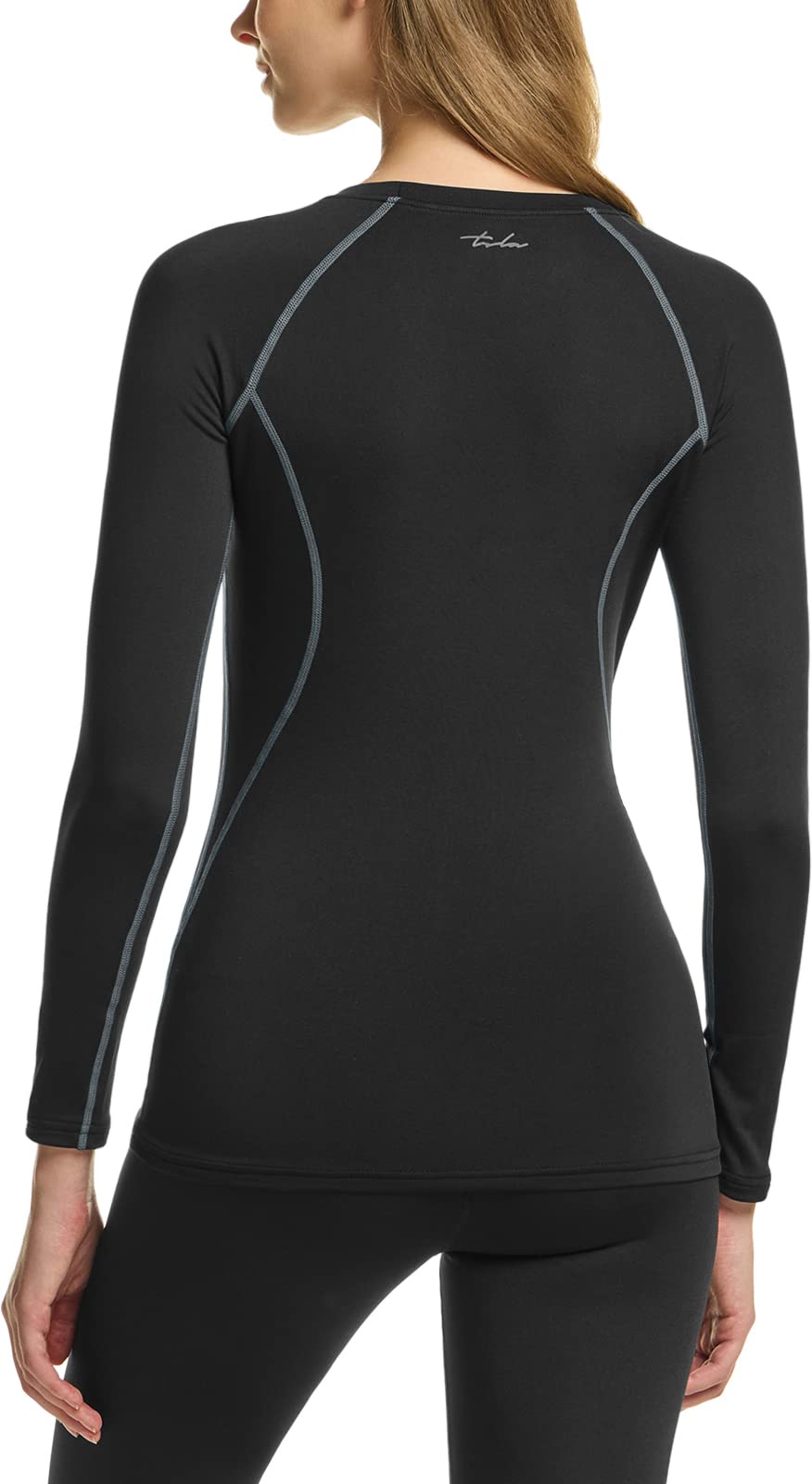 TSLA Women's Thermal Long Sleeve Tops, Mock Turtle & Crew Neck Shirts, Fleece Lined Compression Base Layer, Round Neck Heatlock Black&Charcoal, Large