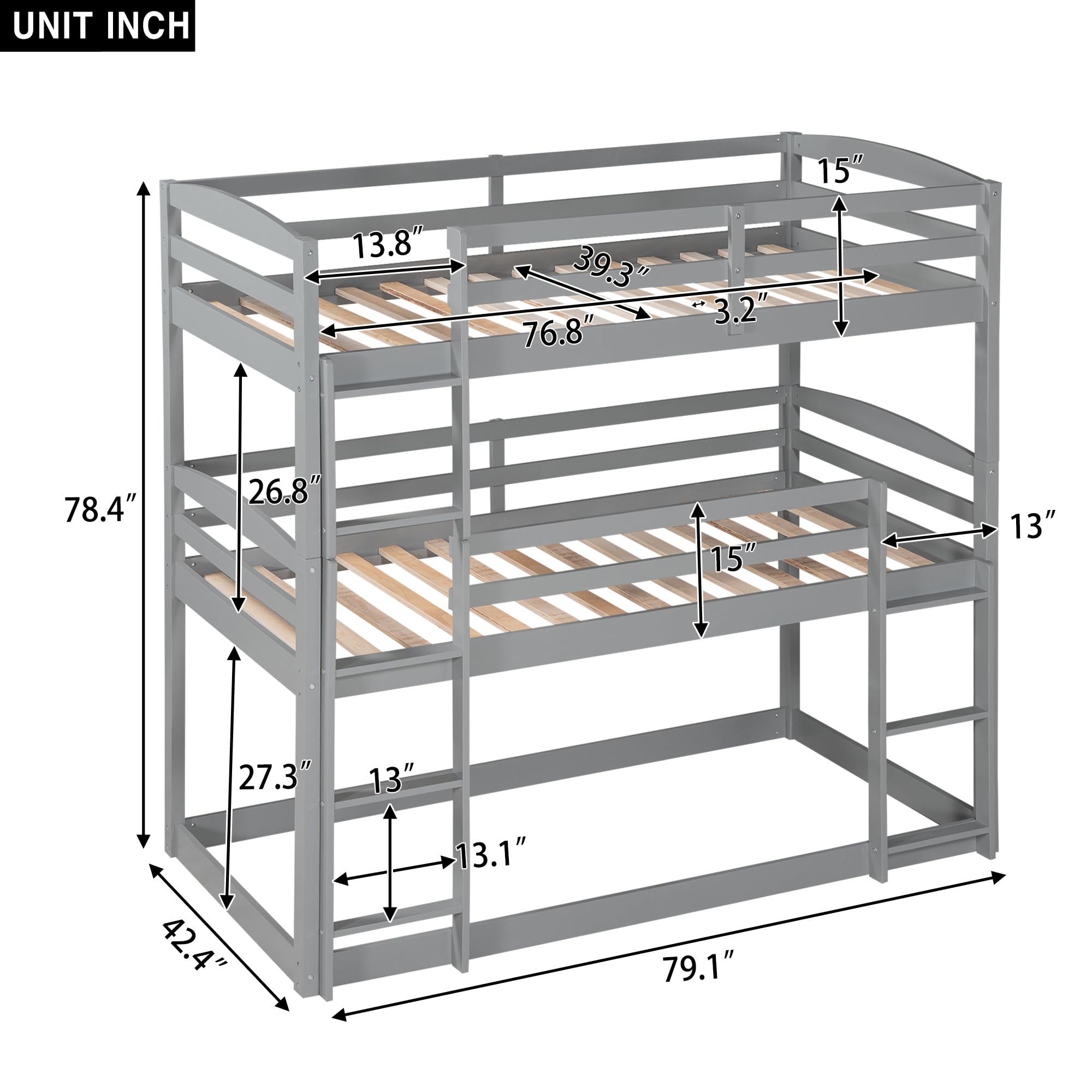 Merax Twin Triple Bunk Bed, Wood Twin Size Triple Bed Frame with Guard Rail and Ladder, Can be Divided into Separate Beds, Gray