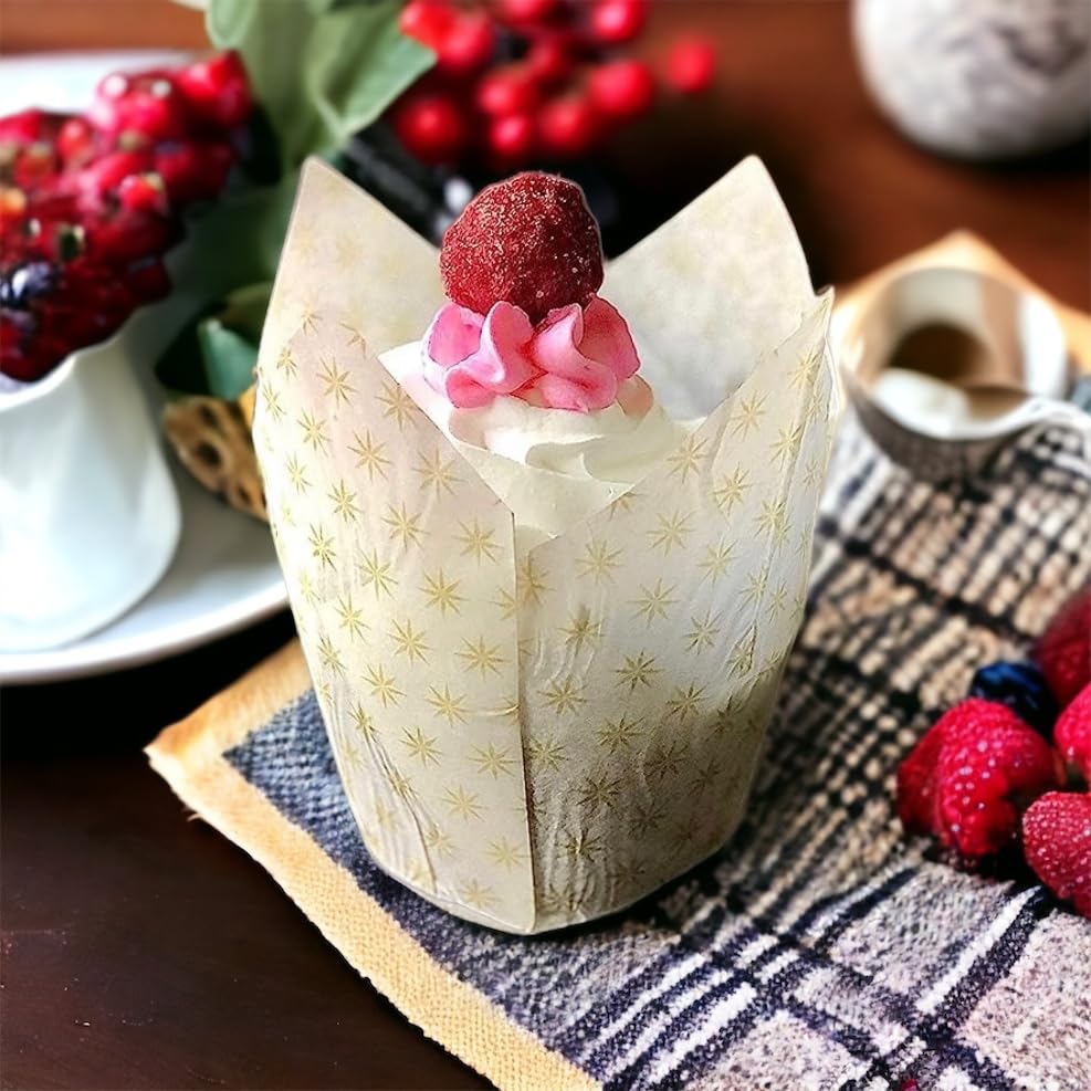 The Baker Celebrations 100 Gold Star Tulip Paper Cups 2 x 3 1/4 inch Muffin Liners; Cupcake Holders - Made in Canada - Green White Red and Blue (25 of each)