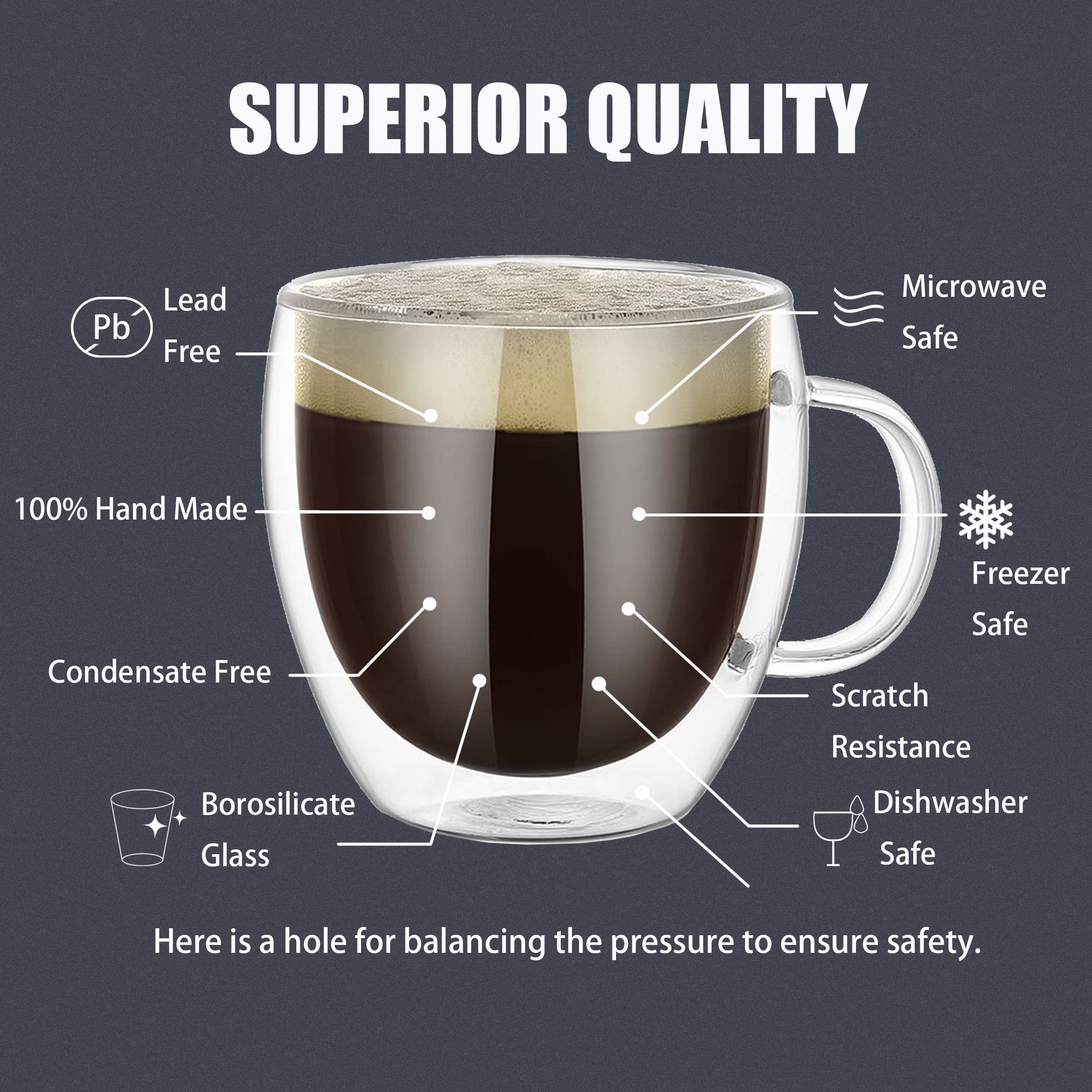 PunPun Bundle: 17oz Large Clear Coffee Mugs (Set of 2) & 8.5oz Shot Glass Coffee Cups (Set of 2) & 2.7oz Tea Cups (Set of 4) Double Wall Designed Glass Cups