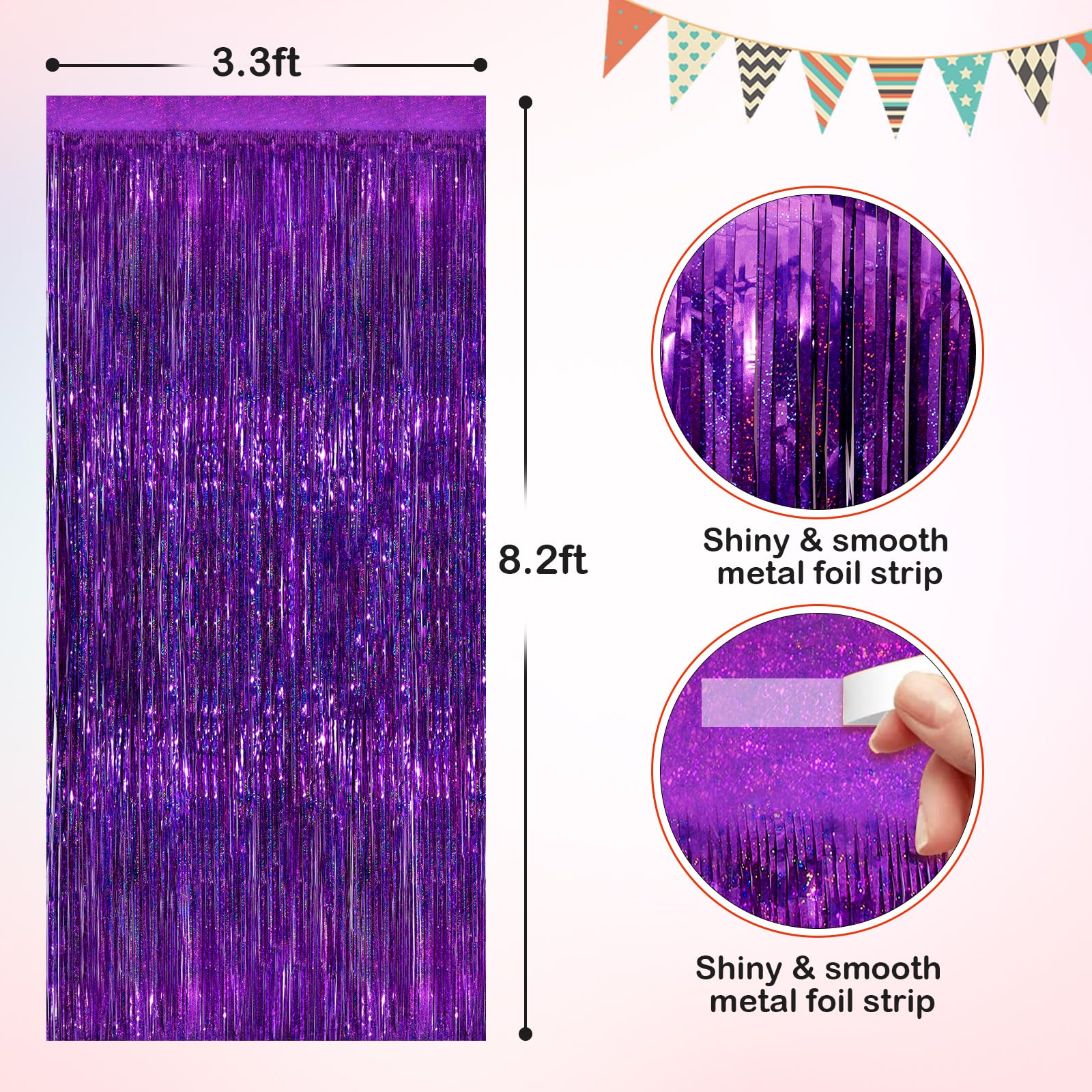 Purple Metallic Tinsel Foil Fringe Curtains, 2 Pack 3.3x8.3 Feet Streamer Backdrop Curtains for Birthday Party Decorations, Halloween Decor, Foil Curtain Backdrop for Bachelorette Party