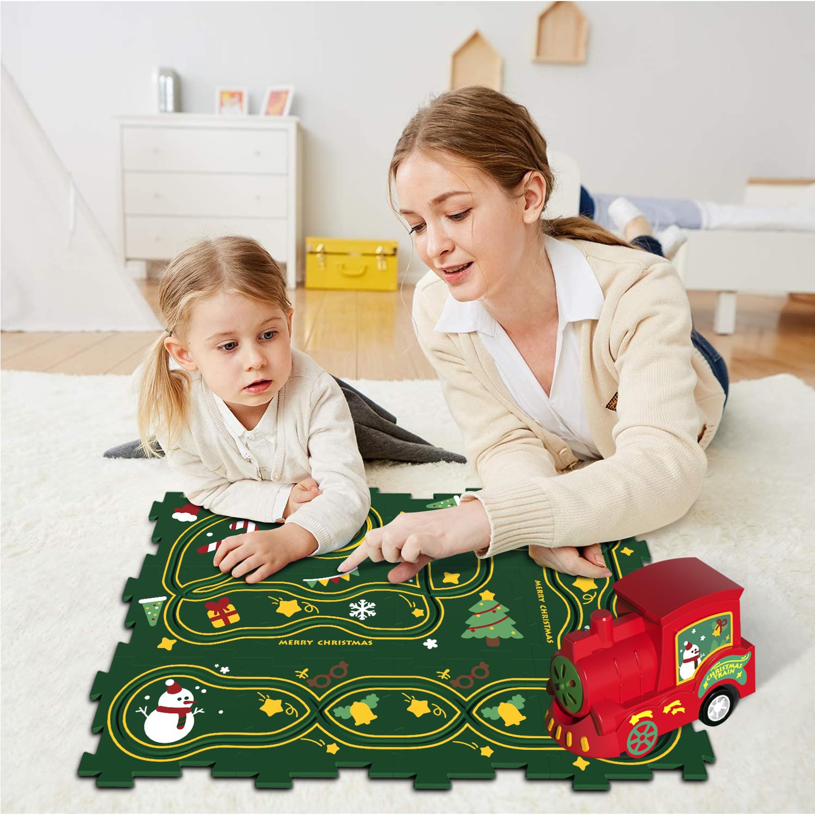 NULAOBA Children's Educational Puzzle Track Cars Play Set with Vehicles DIY Assembling Rail Car Puzzle Fun Learning Toy for Kid Boy Girl(Christmas 13pcs)