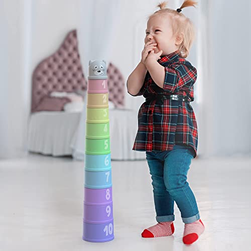 Stacking Cups Toy for Toddler Plus Bonus Squirting Baby Bath Toy & Bear Head Shaker with Numbers, Letters, Patterns, Fun Educational Toys for 6 Months +, 1 2 3 Years
