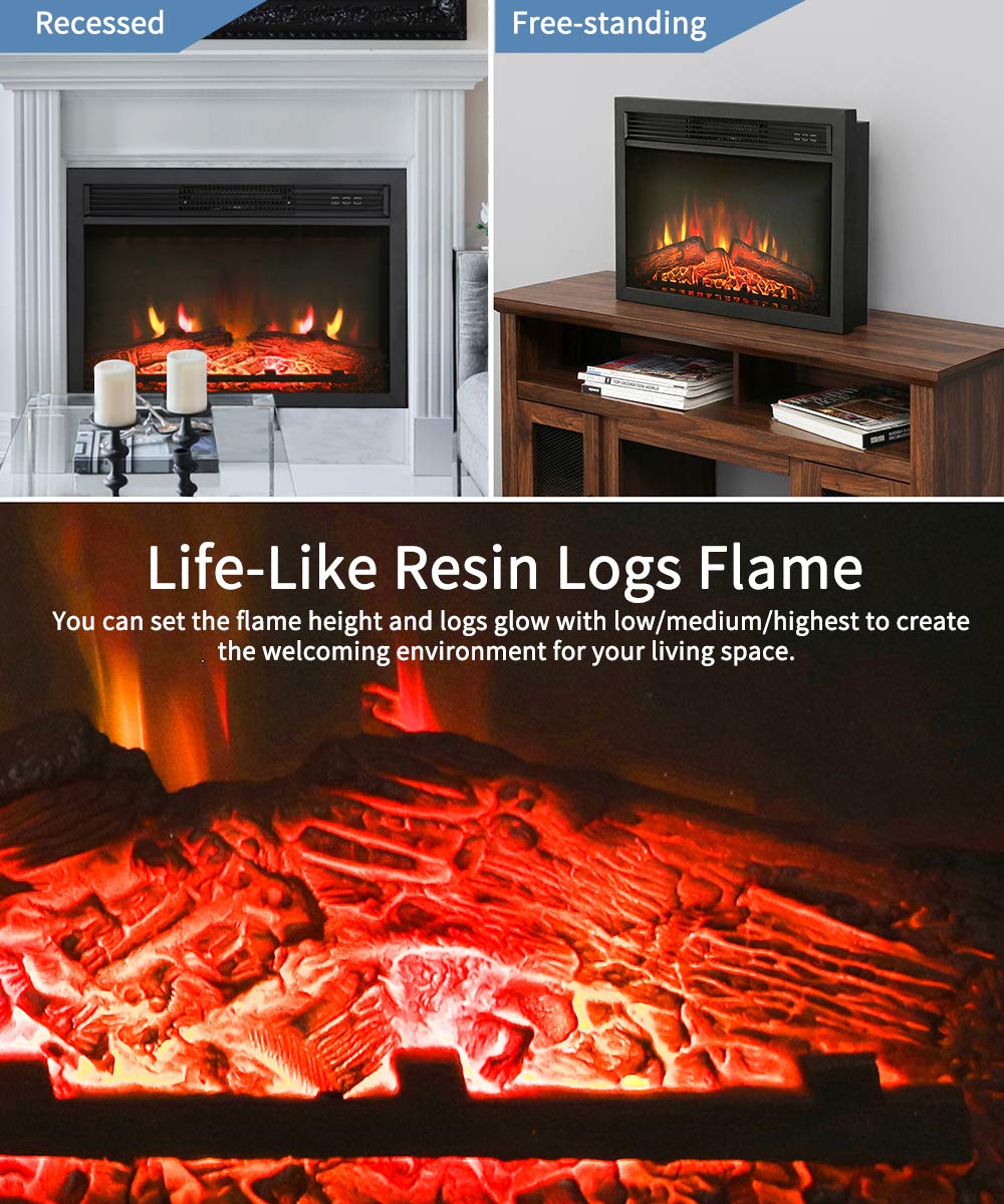 PatioFestival 24 Inch Electric Fireplace Insert 1400W Embedded&Freestanding Realistic Log Flame Effect Heater with Remote Control, 3 Adjustable Flame, Overheating Protection