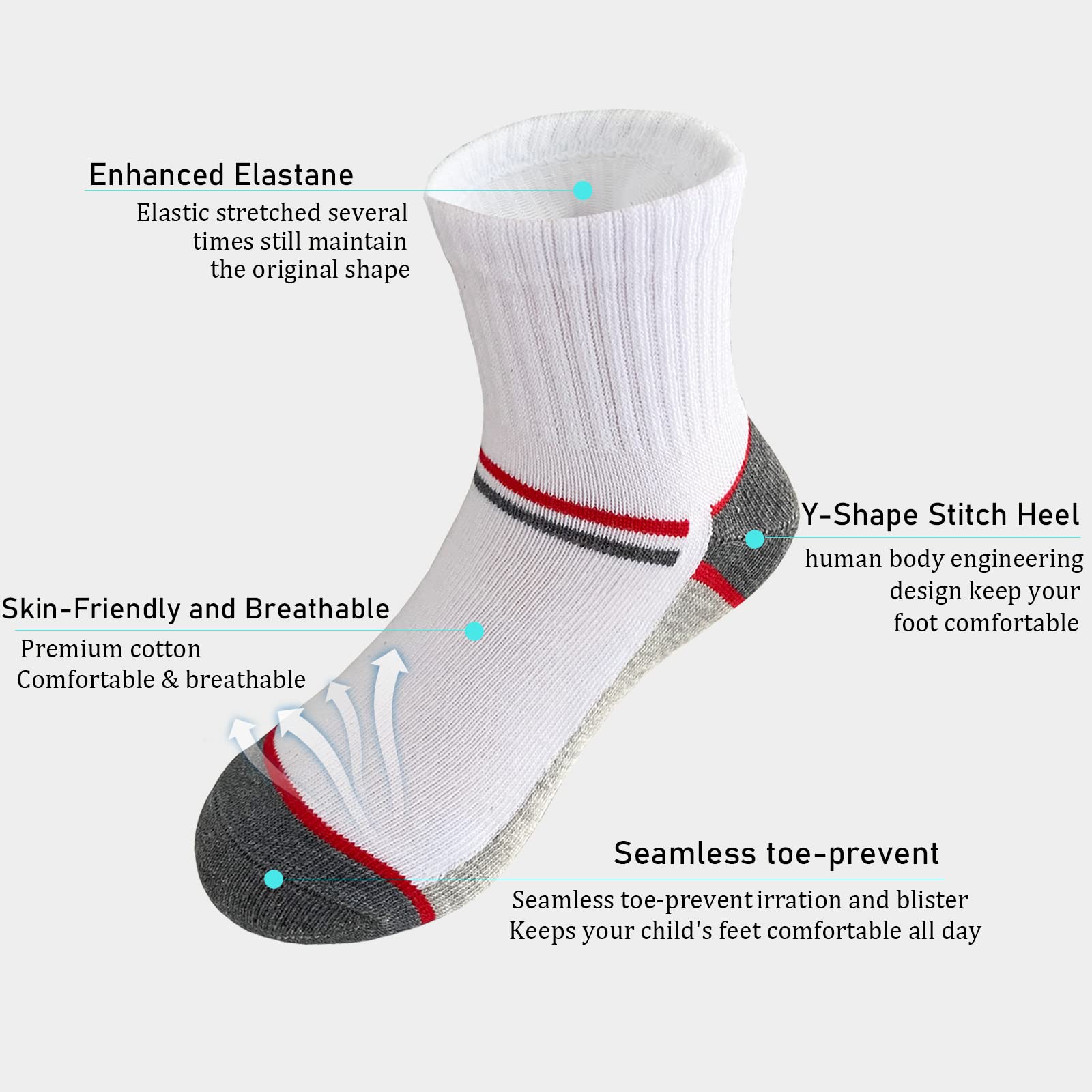 Tsmollyu Boys Socks 15 Pairs Half Cushioned Cotton Athletic Socks For Big Little Kids 2-14 Years(7-10 Years)