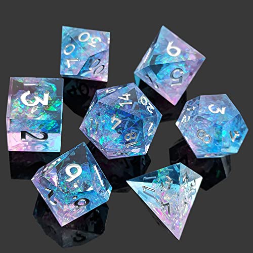 Sharp Edge Dice DND Dice Set, Resin Dice Polyhedral Dice D and D Dice Set Dungeons and Dragons Dice Set D&D with Metal Box & Bag for RPG Role Playing MTG Dice Game D20 D12 D10 D8 D6 D4 Blue and Pink