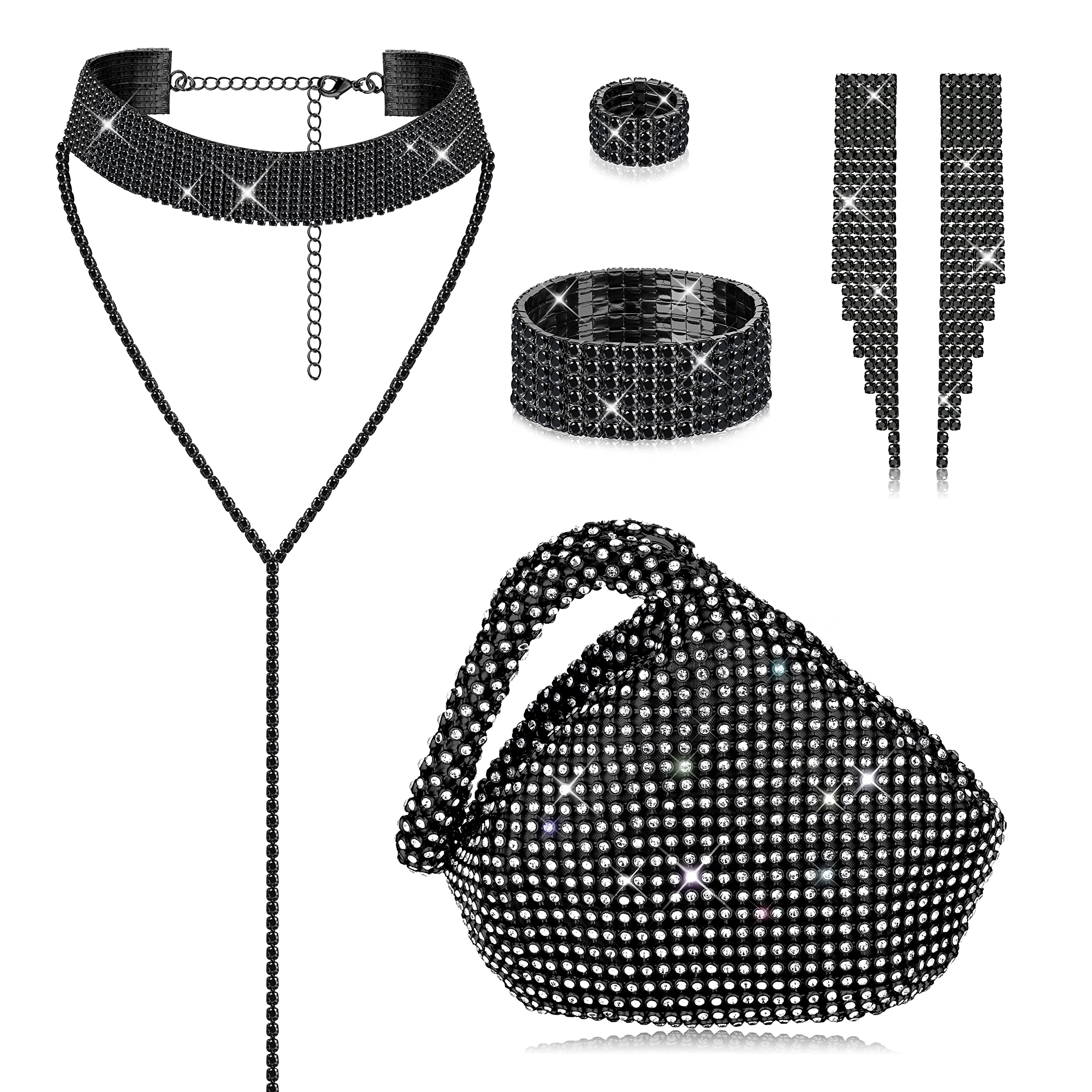 Sanfenly 6 Pieces Women Crystal Jewelry Set Rhinestone Choker Necklace Stretch Bangle Bracelet Ring Dangle Fringe Earrings Triangle Bling Glitter Purse for Bridal Wedding Party