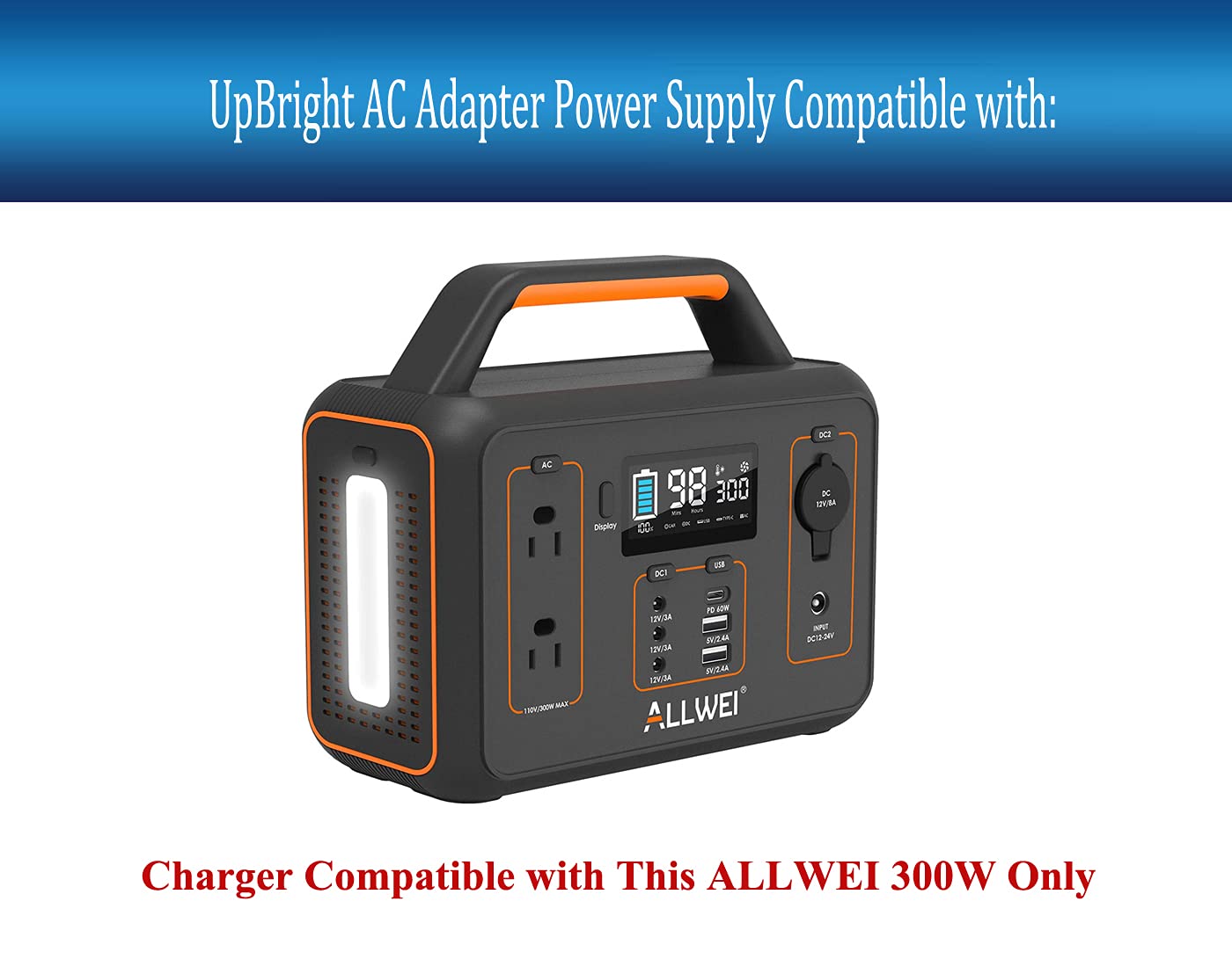 UpBright AC/DC Adapter Compatible with ALLWEI 300W 280Wh Portable Power Station Peak 600W Solar Generator 78000mAh CPAP Backup Lithium Ion 12V 8A Battery Pack SGR-PPS300-2 Supply Battery Charger