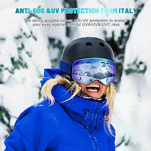 S07 PRO Ski Goggles Magnetic Lens-Anti Fog, Frameless, Interchangeable Lens 100% UV400 Protection Snow Goggles for Men Women (REVOBLUELENSBLUEFRAME)…