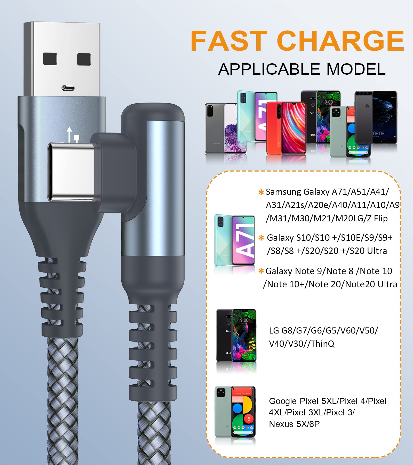 sweguard USB Type C Cable Right Angle [2-Pack, 6.6FT+6.6FT] iPhone 15 Charger Nylon Braided for iPhone 15 pro max Samsung Galaxy S23 S22 S21 Ultra S10 S9 S8 Plus Note 20 10 A54 Flip Pixel LG Moto PS5