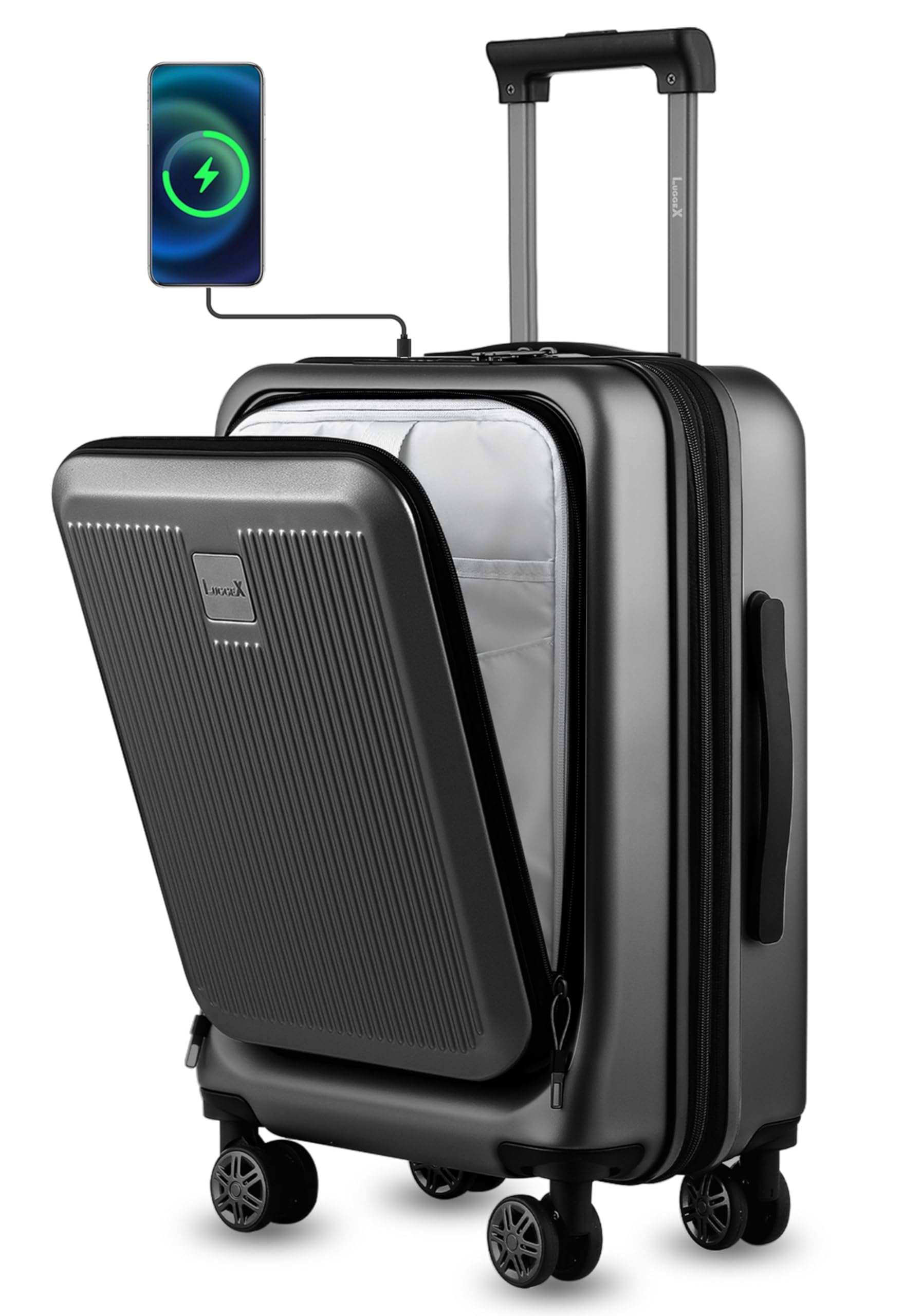 LUGGEX Carry on Luggage 22x14x9 Airline Approved, PC Hard Shell Suitcase with Front Pocket (Black, 20 Inch, 36L)