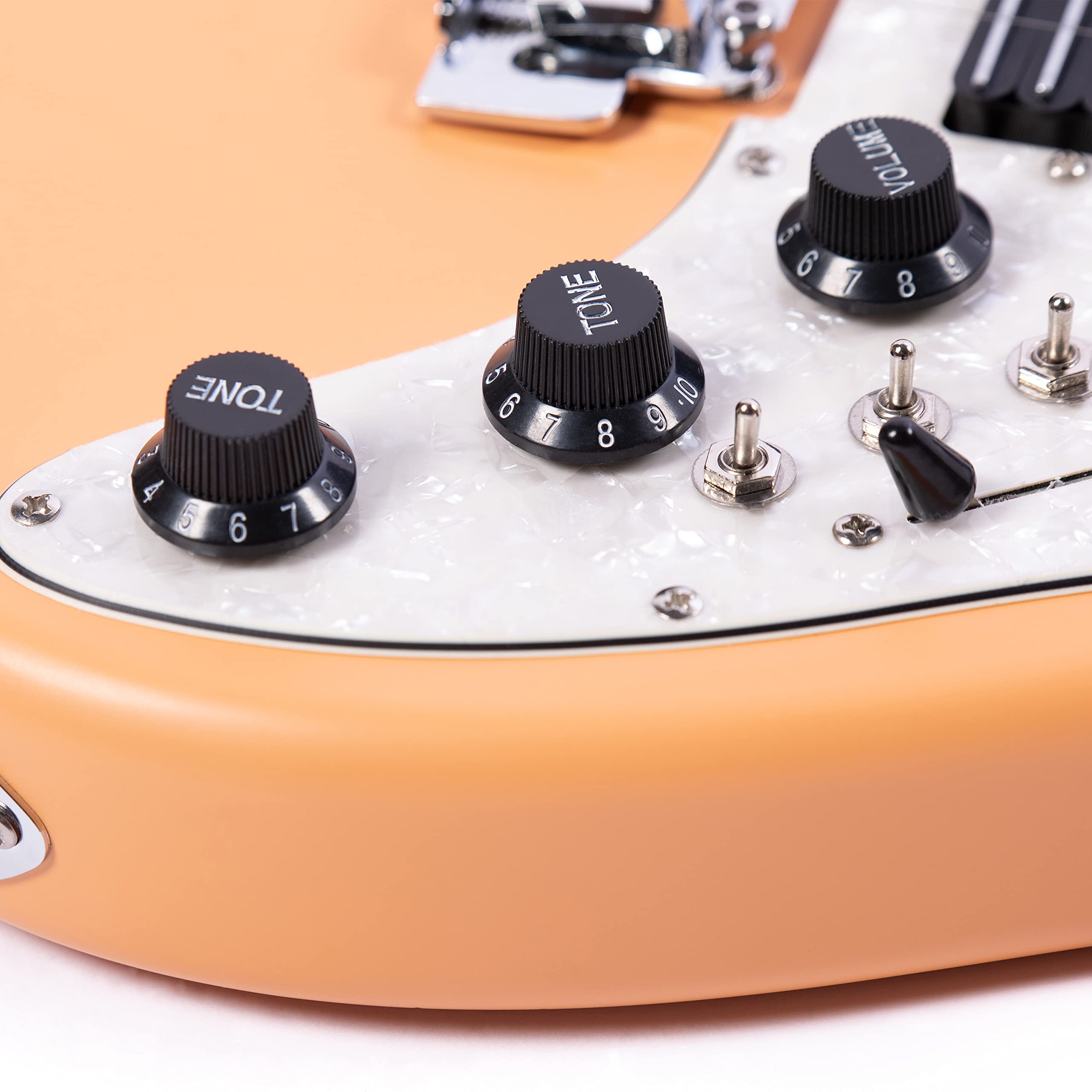 Volgoa VVS 6-String Solid Body Electric Guitar with Alder Body,Stainless Steel Frets,Featuring Tremolo System, with Plastic Pearl Pickguard and String Tree (Orange)