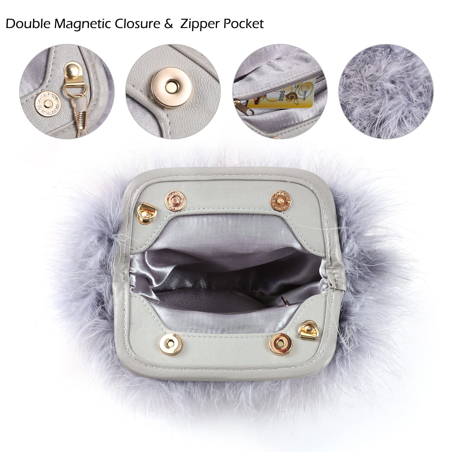 sioglam Marabou Feather Clutch Evening Bag Fur Purse Handbag for Women (Grey)