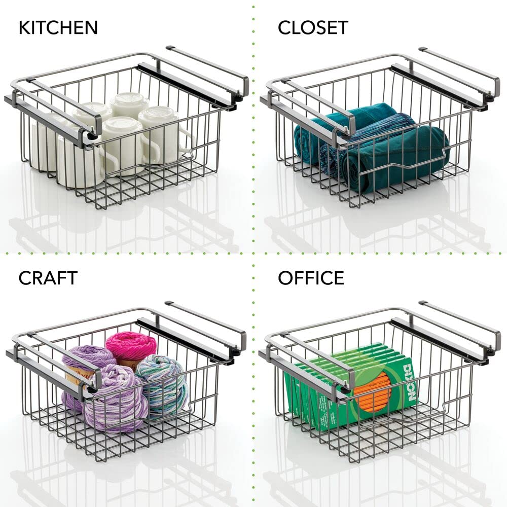 mDesign Compact Hanging Pullout Drawer Basket - Sliding Under Shelf Storage Organizer - Metal Wire - Attaches to Shelving - Easy Install - for Kitchen, Pantry, Cabinet - White