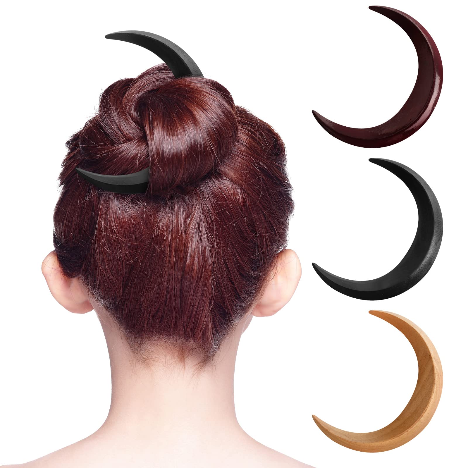 Yinder 3 Pcs Hand Carved Hair Fork for Women, Wooden Moon Hair Clip Crescent Moon Hairpin Hair Accessories, 3.5", 3 Color, Small Size