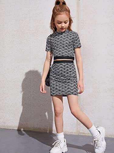 Milumia Girl Two Piece Outfits Geo Print Mock Neck Short Sleeve Tee and Mini Skirt Set Black and White 10 Years