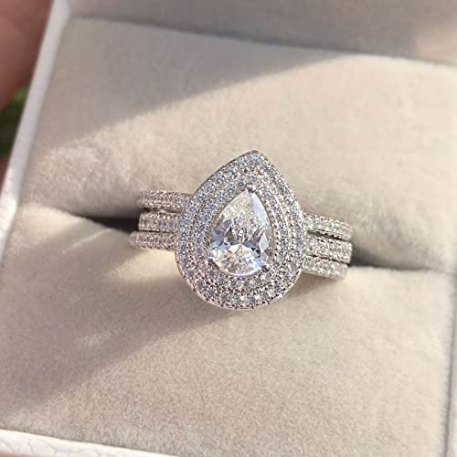 SHELOVES Wedding Engagement Ring Sets for Women Vintage Halo Pear CZ Stackable Ring 925 Sterling Silver Sz 9
