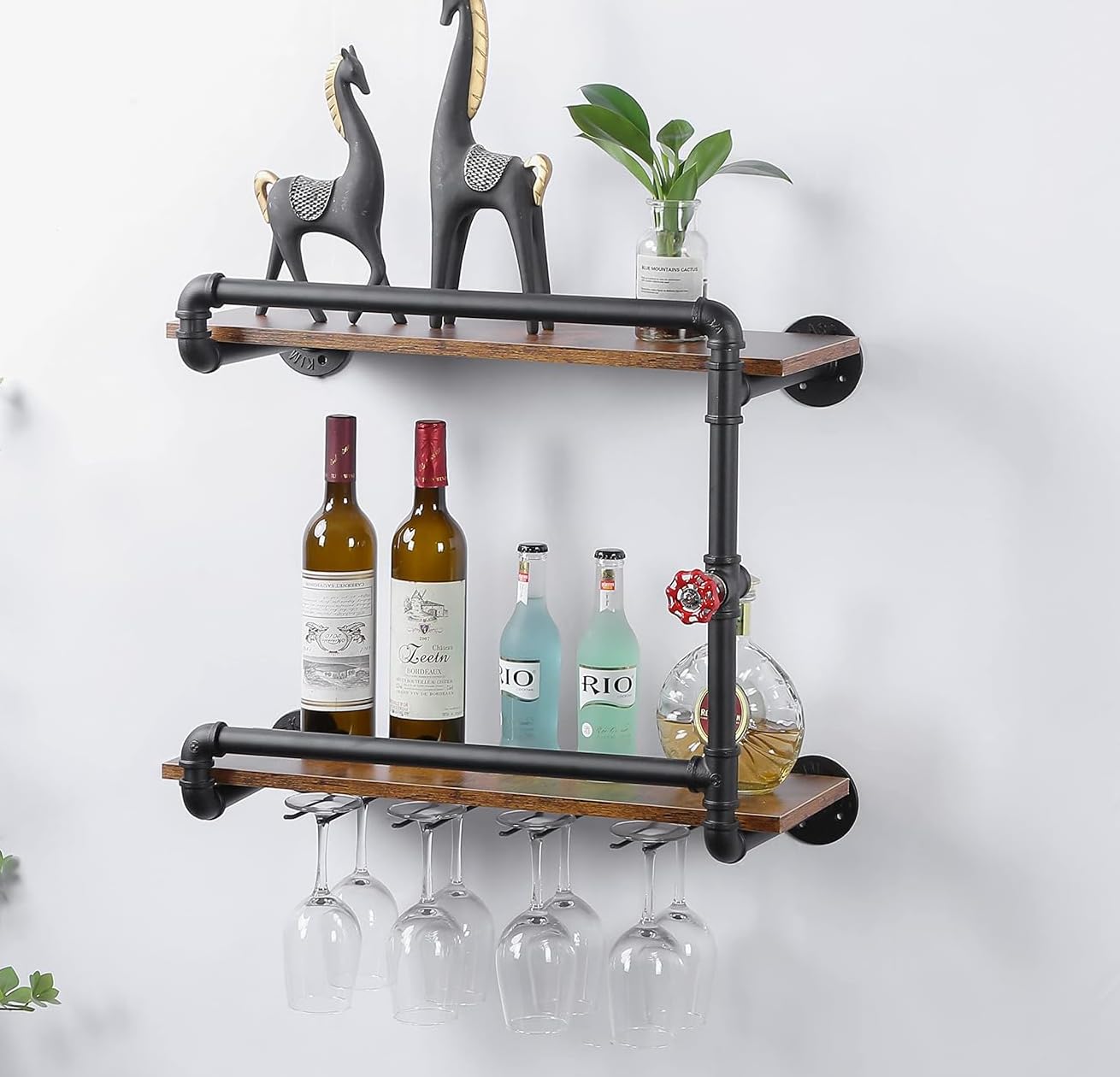 POLUNCA Wine Rack Wall Mounted 2 Tier, Industrial Pipe Decor, Black Wine Shelf Rack with Glass Holder, Perfect for Kitchen, Bar, Restaurant, 23.6x10.6x19.7 inches