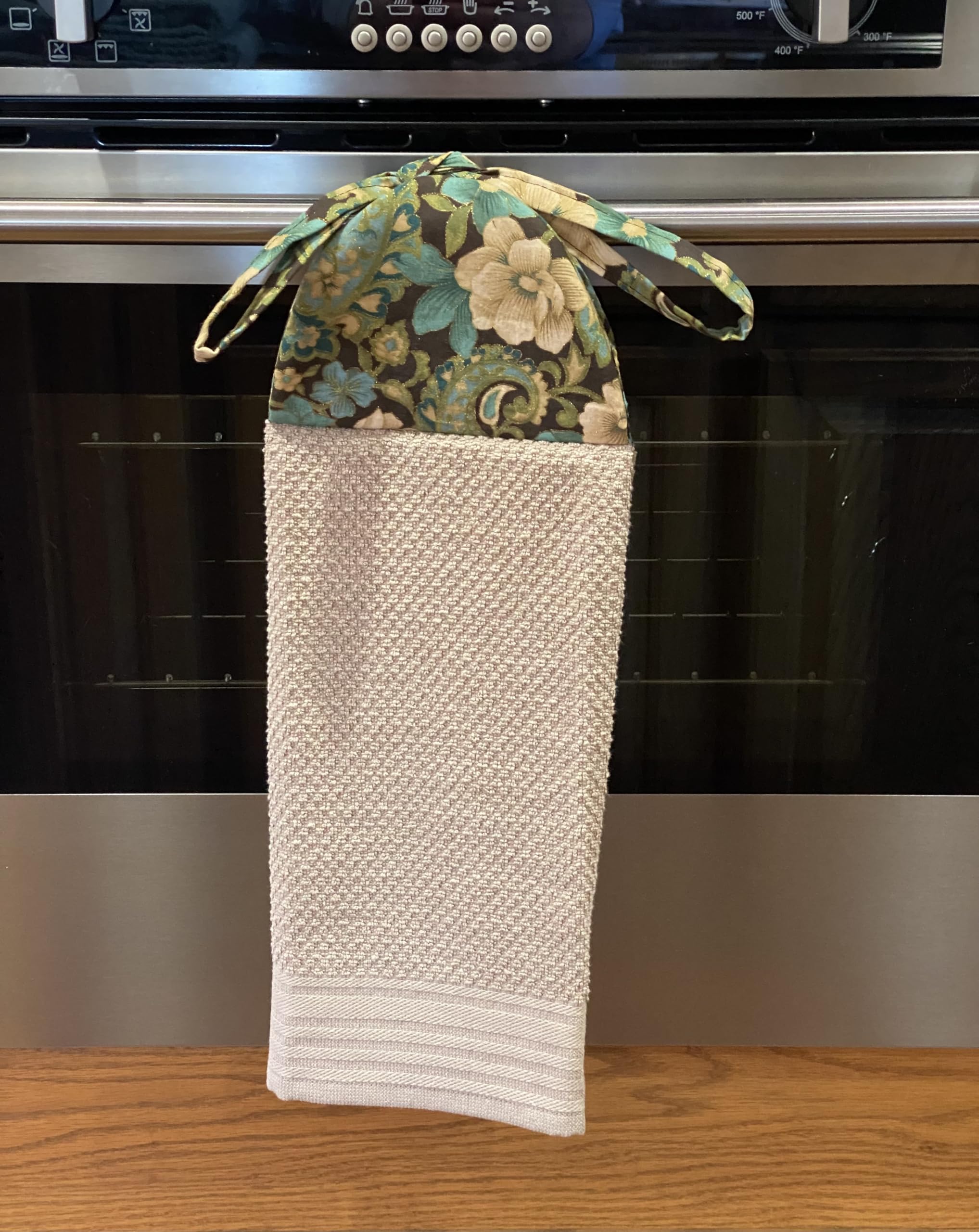 Set of 2 - Teal and Cream Flowers Floral Paisley with Gold on Brown Reversible Ties On Stays Put Tan Kitchen Bathroom Hanging Loop Hand Dish Towels